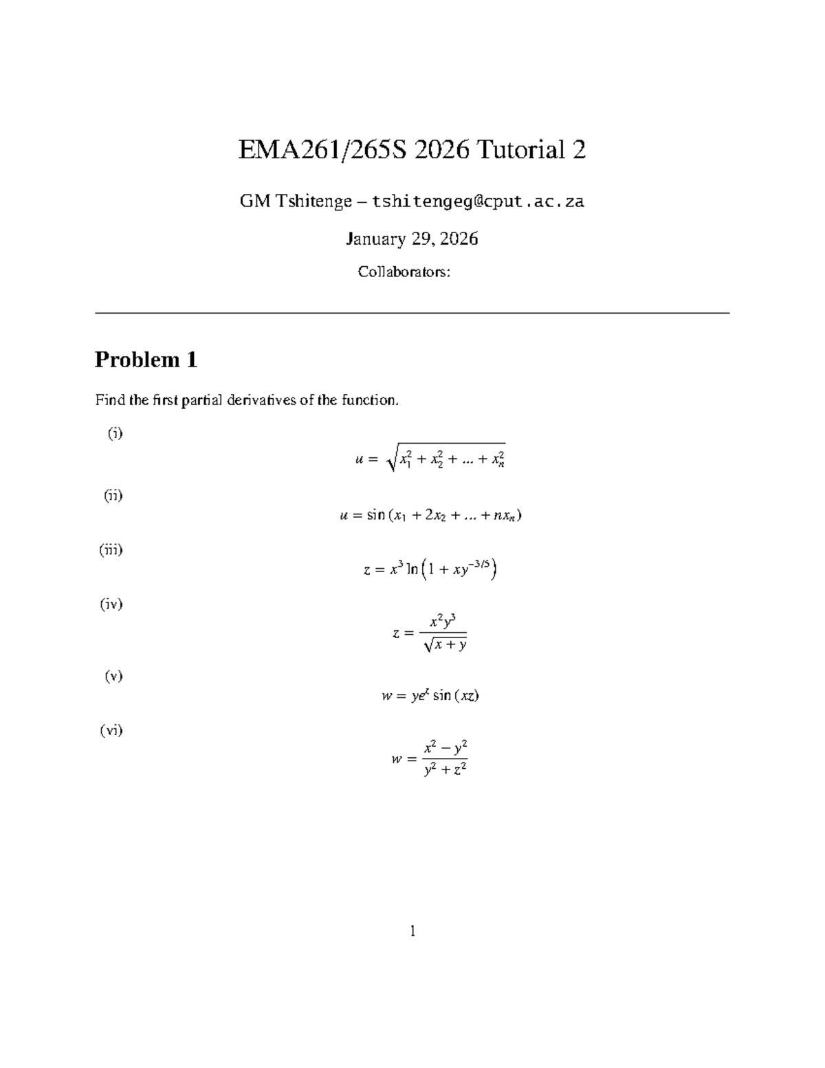 2026 MATH 101 Tutorial 2: Partial Derivatives & Rates of Change - Studocu