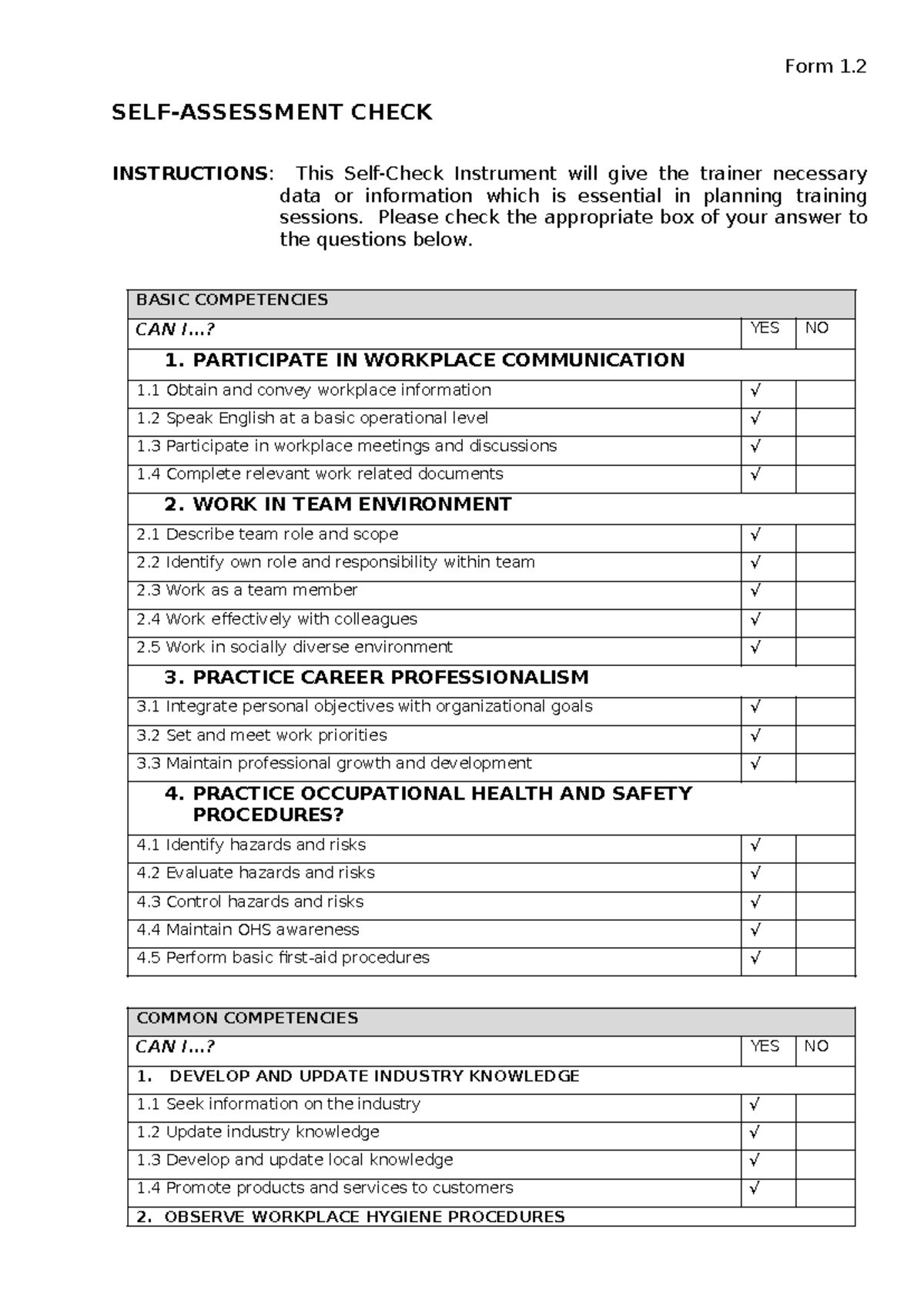 TVE 103: Form 1.2 Check Instructions for Training Session Planning ...