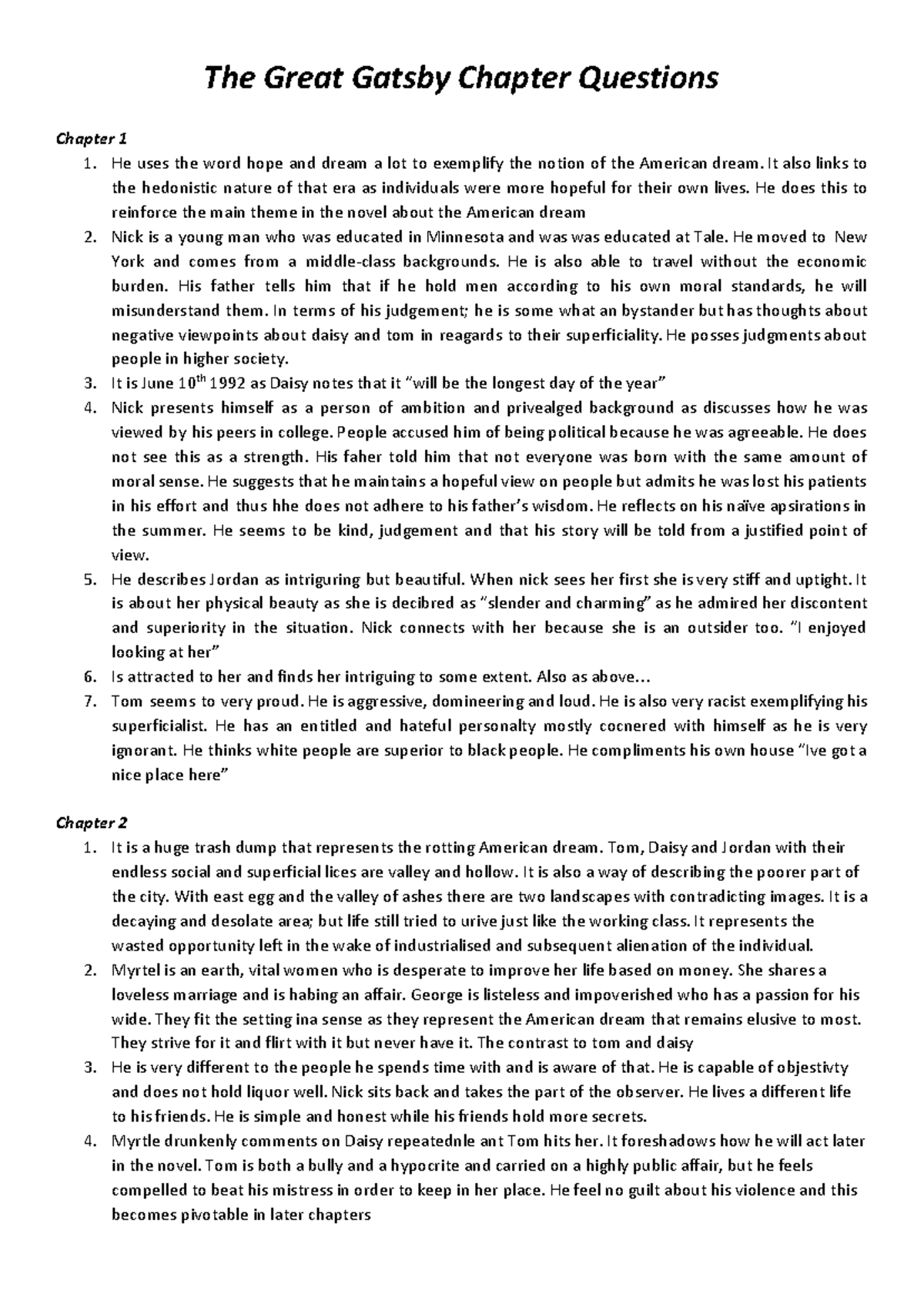 Module A - The Great Gatsby Chapter Summary - The Great Gatsby Chapter ...