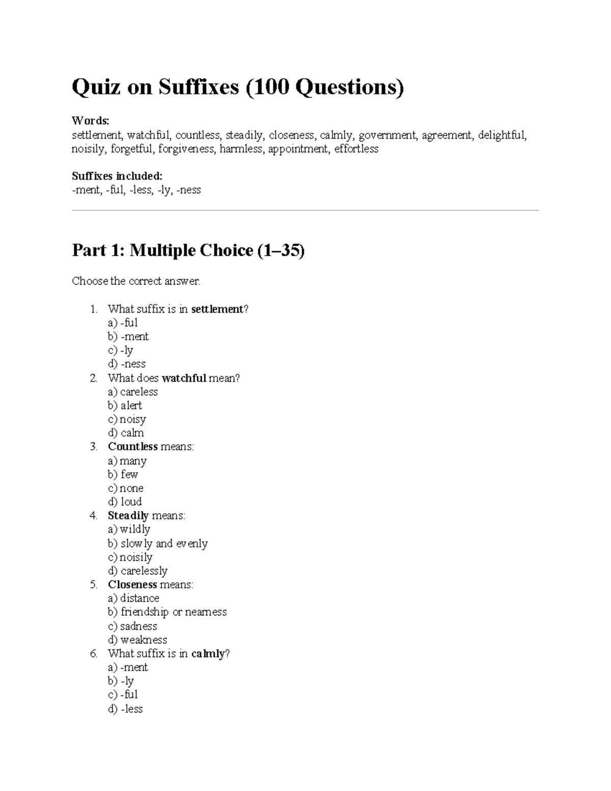 Quiz on Suffixes (100 Qs) - Vocabulary & Word Meanings - Studocu