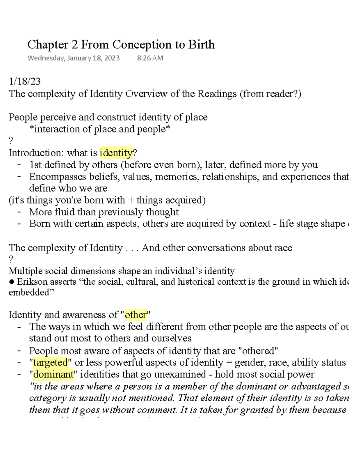 Chapter 2 From Conception to Birth - 1/18/ The complexity of Identity ...