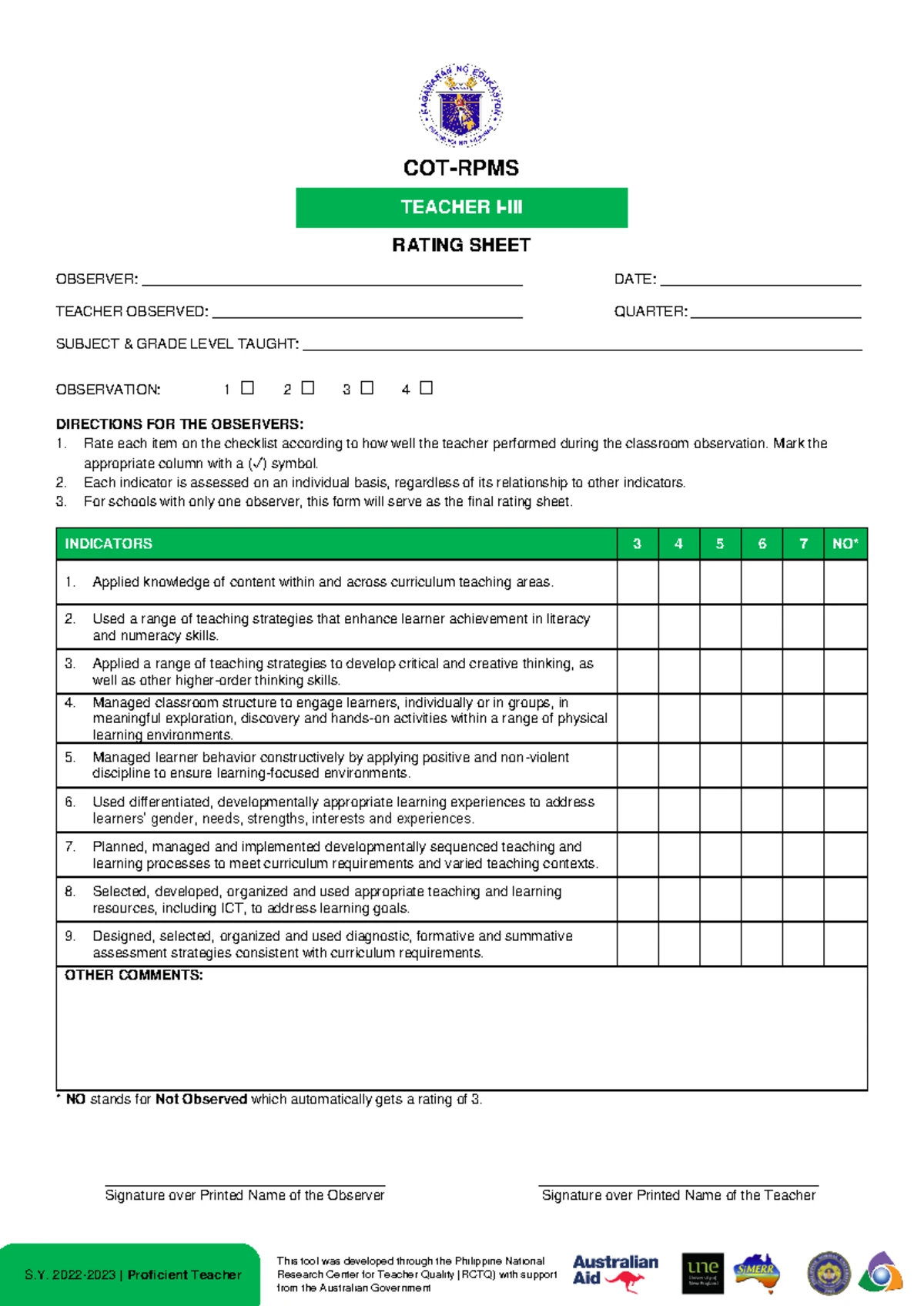 Appendix C 05 COT RPMS Rating Sheet for MT I IV for SY 2022 2023 - This ...