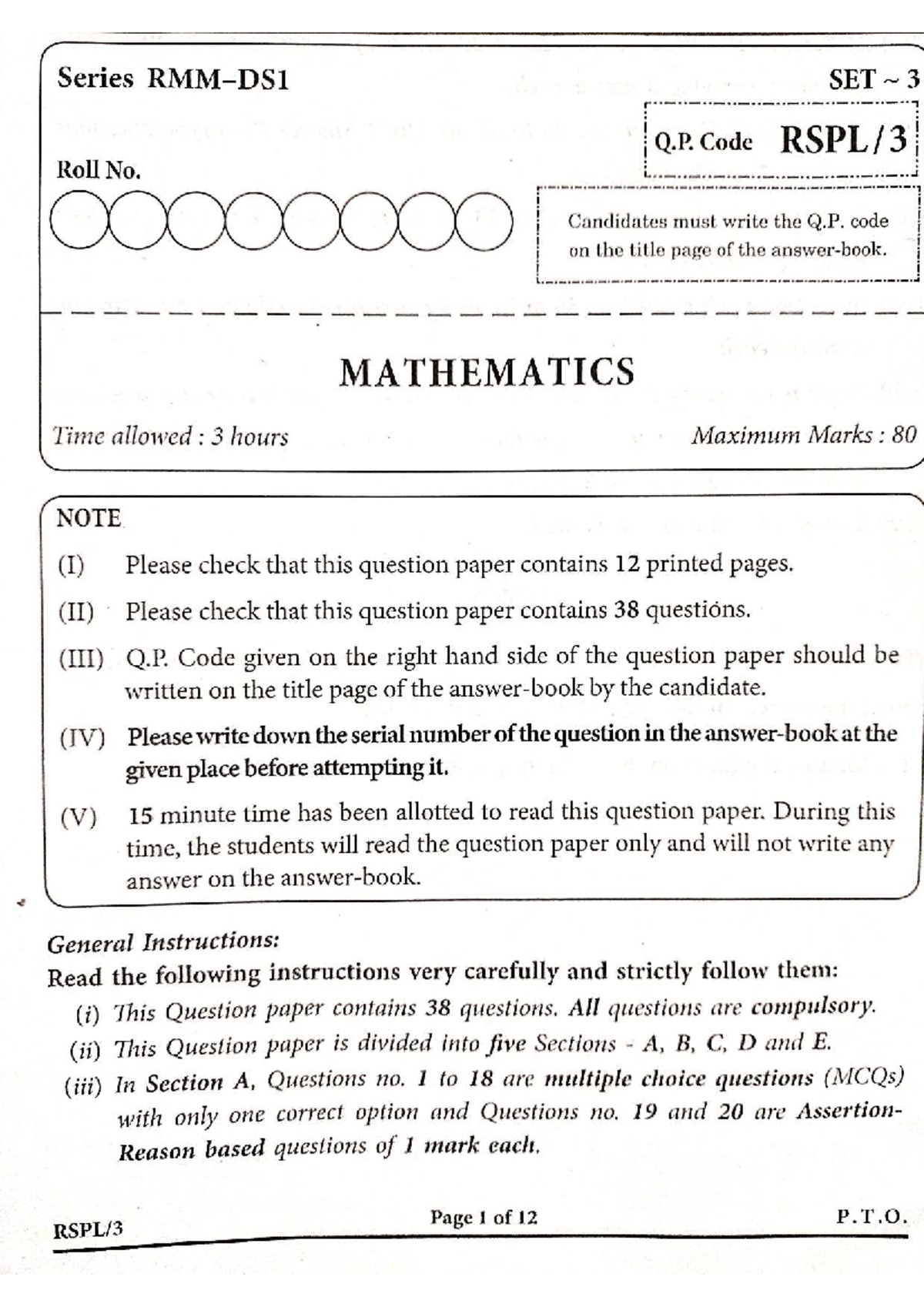 XII Mathematics SET 3 Question Paper (Q.P. Code) - Studocu