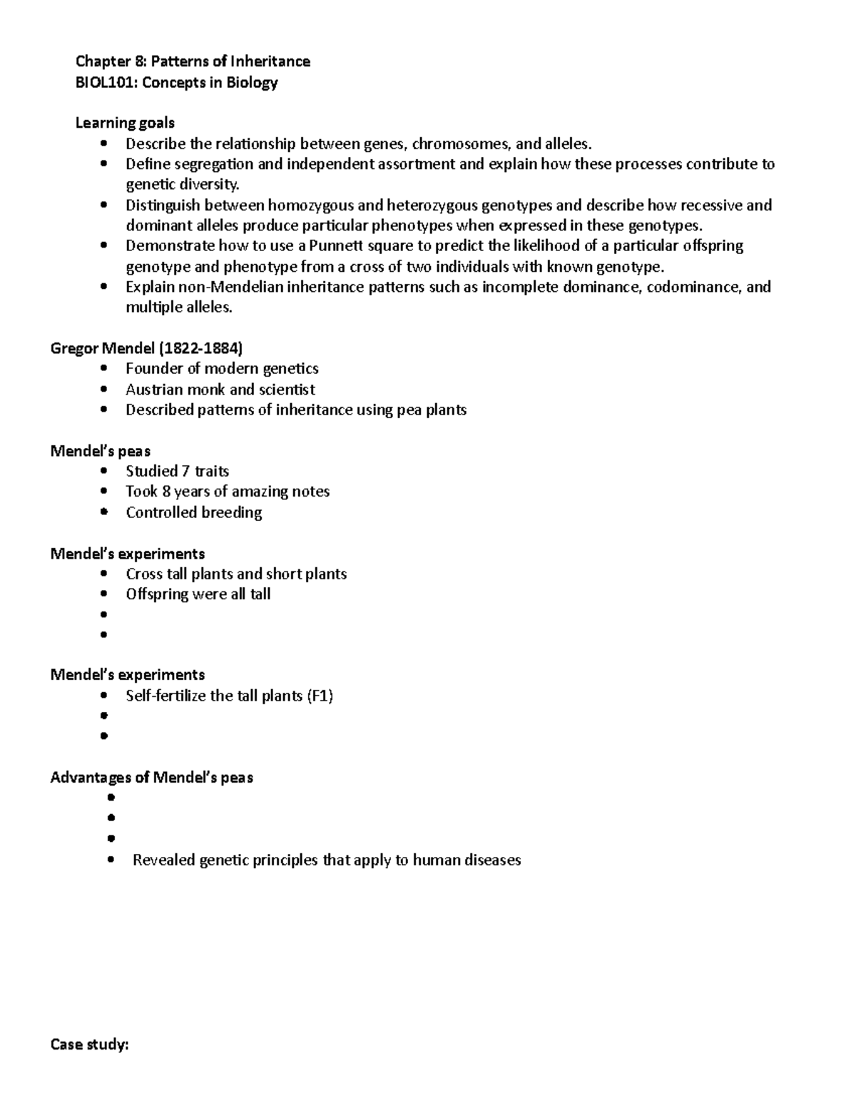 BIOL101 Chapter 8 Notes - Chapter 8: Patterns of Inheritance BIOL101 ...
