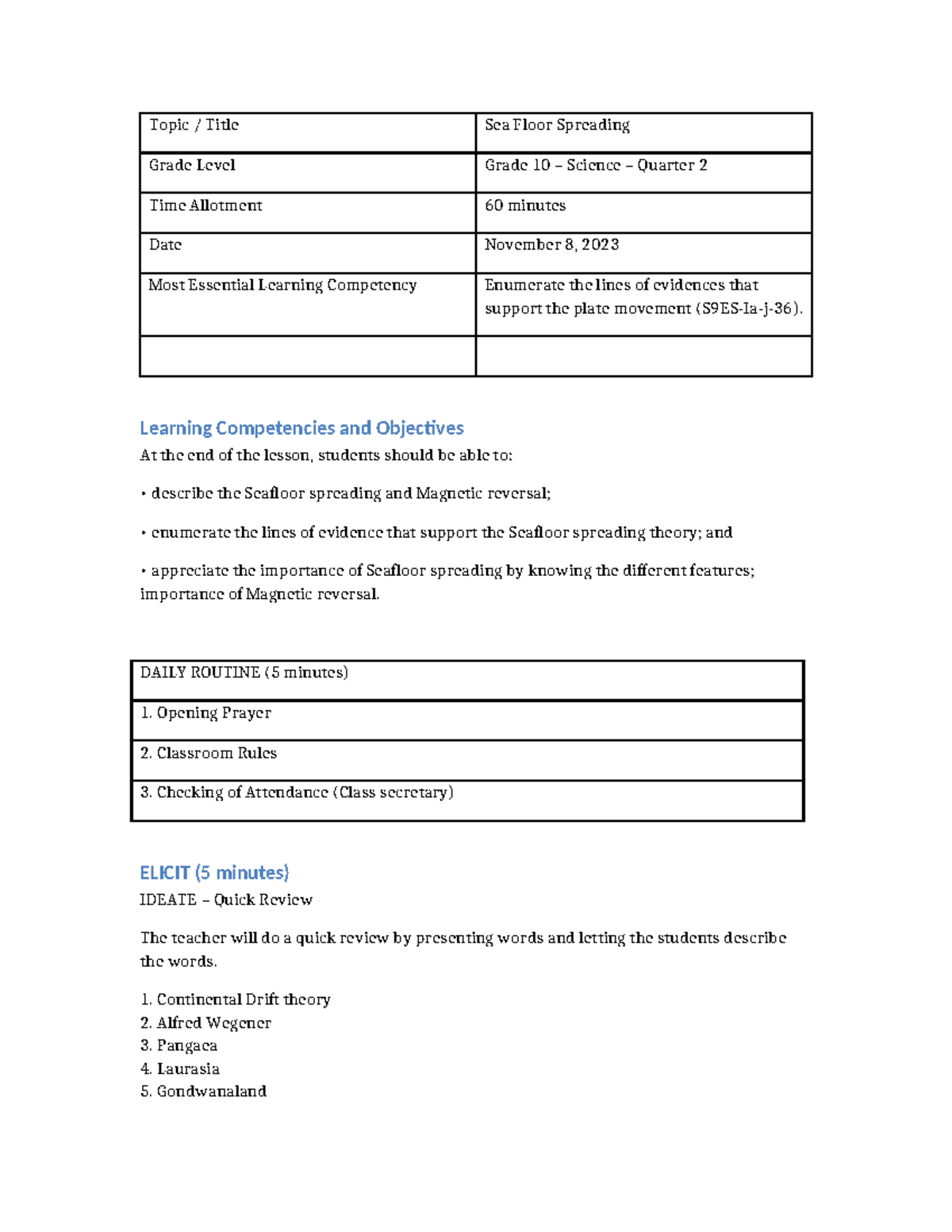 Grade 10 Science: Sea Floor Spreading Lesson Plan (Q2) - Studocu