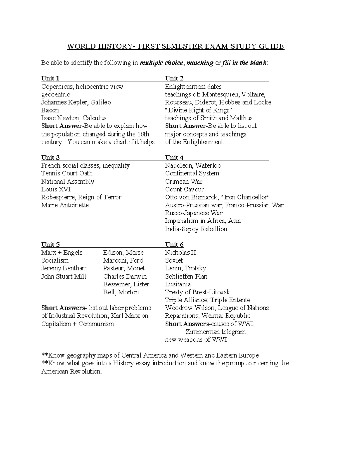 1st Sem Exam Study Guide: World History Key Concepts & Topics - Studocu