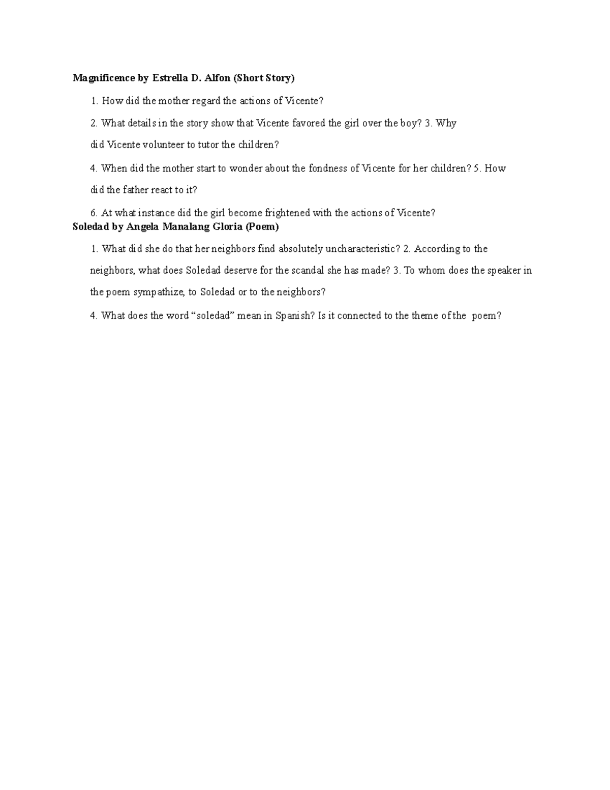 Activity 4: Analysis of "Magnificence" & "Soledad" (Short Story & Poem ...