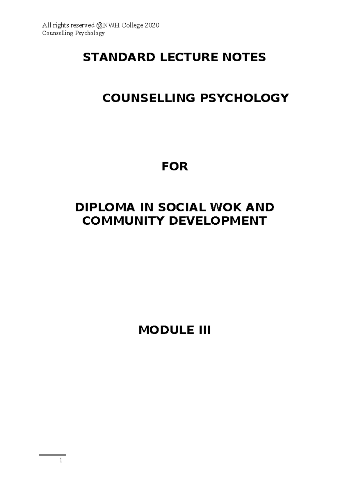 Counselling Psychology (1) Social Work - Comprehensive Lecture Notes ...