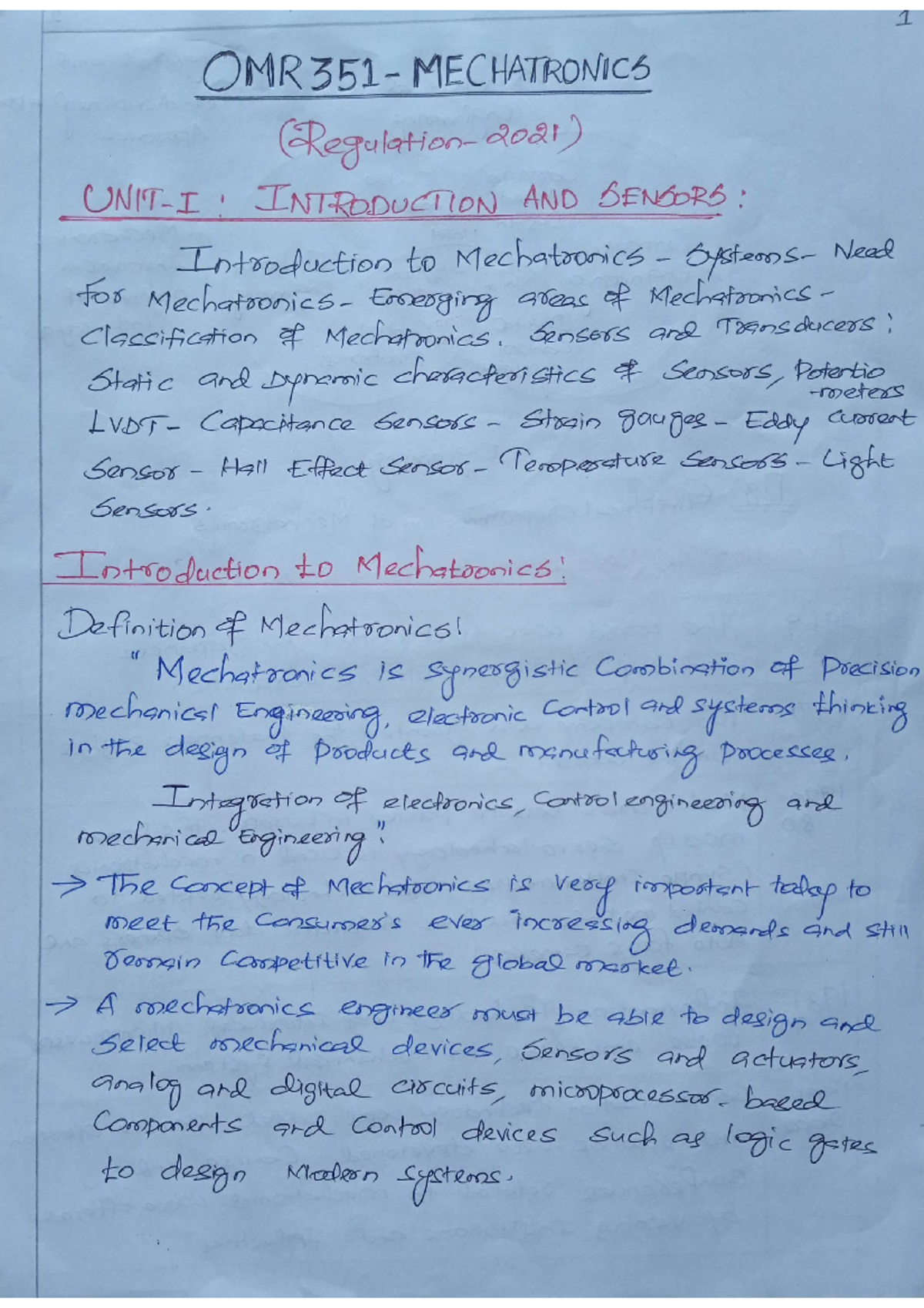 OMR351 Mechatronics - Unit 1: Introduction and Sensors Overview - Studocu
