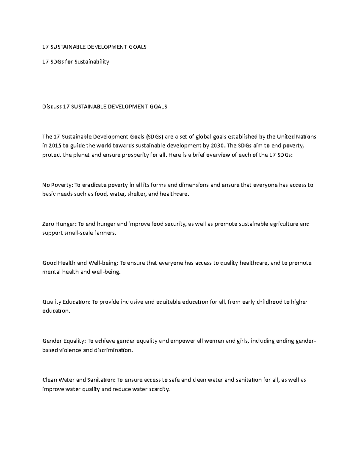 Comprehensive Overview of 17 Sustainable Development Goals (SDGs) - Studocu