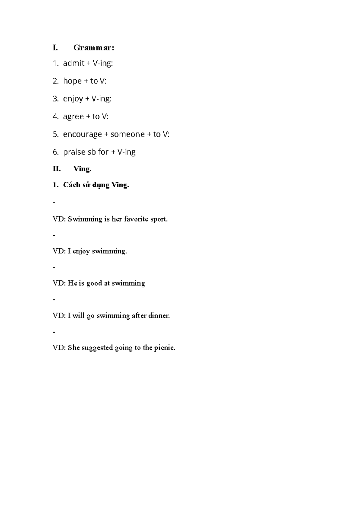 Ving - To V - Summary Research Method - I. Grammar: 1. admit + V-ing: 2 ...