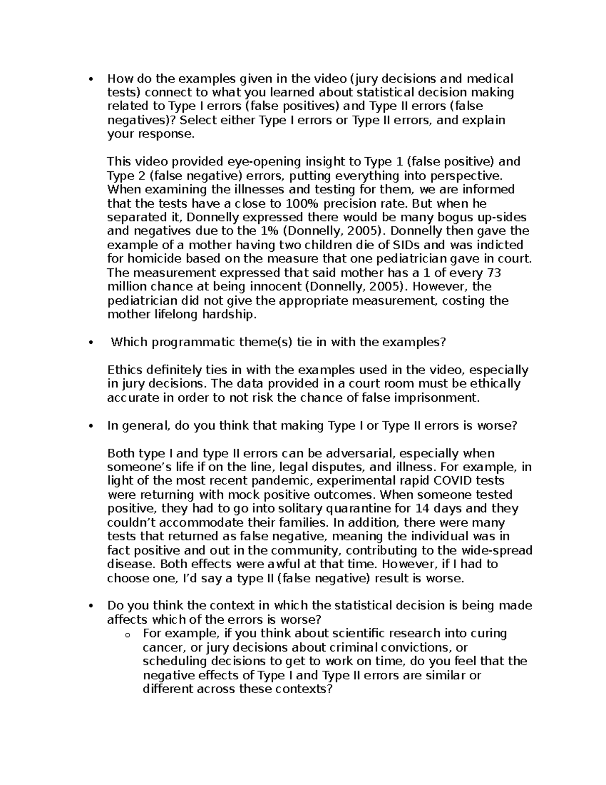 PSY 260 MOD 7 Discussion: Analyzing Type I and II Errors in Decision Making - Studocu