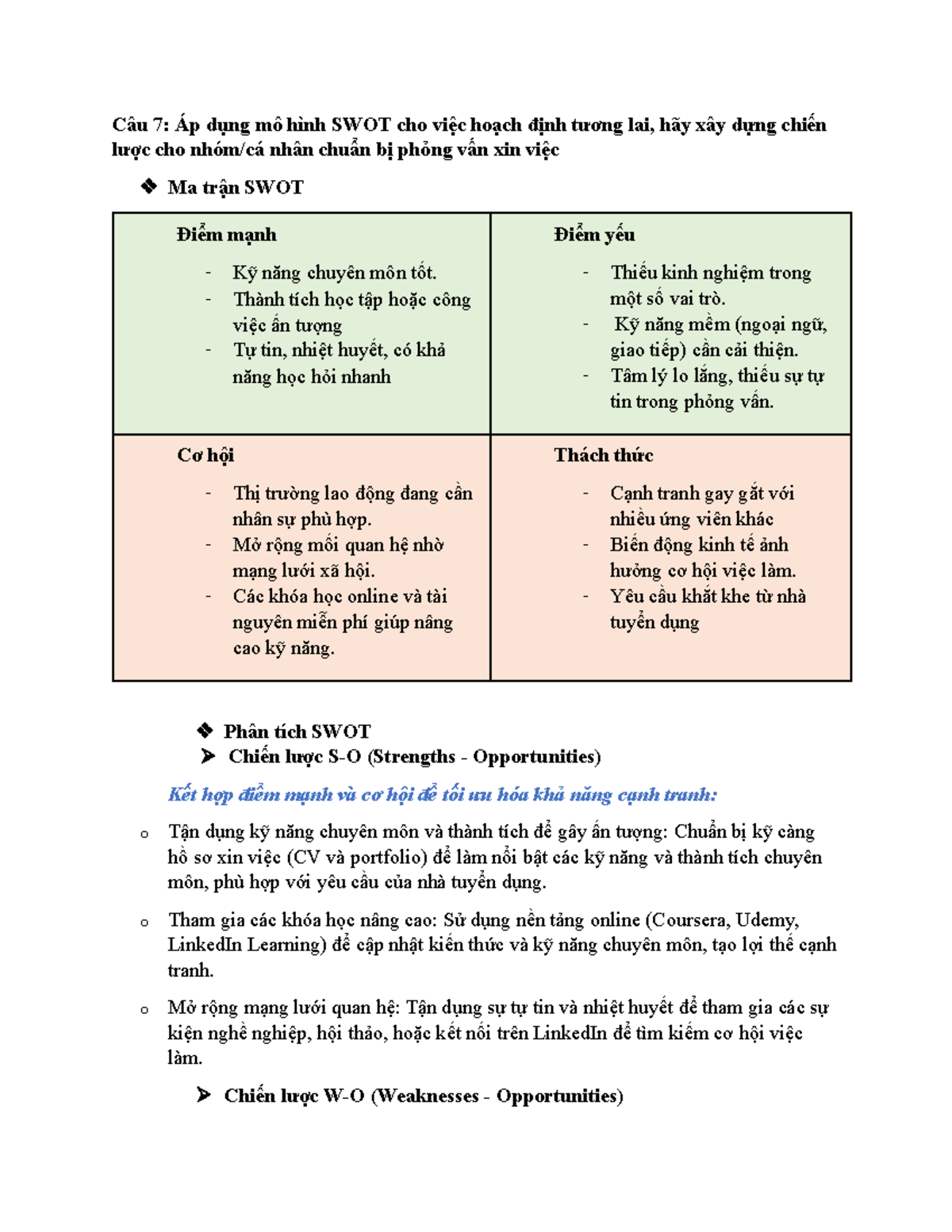 Câu 7 bài tập cá nhân - Summary Q - Câu 7: Áp dụng mô hình SWOT cho ...