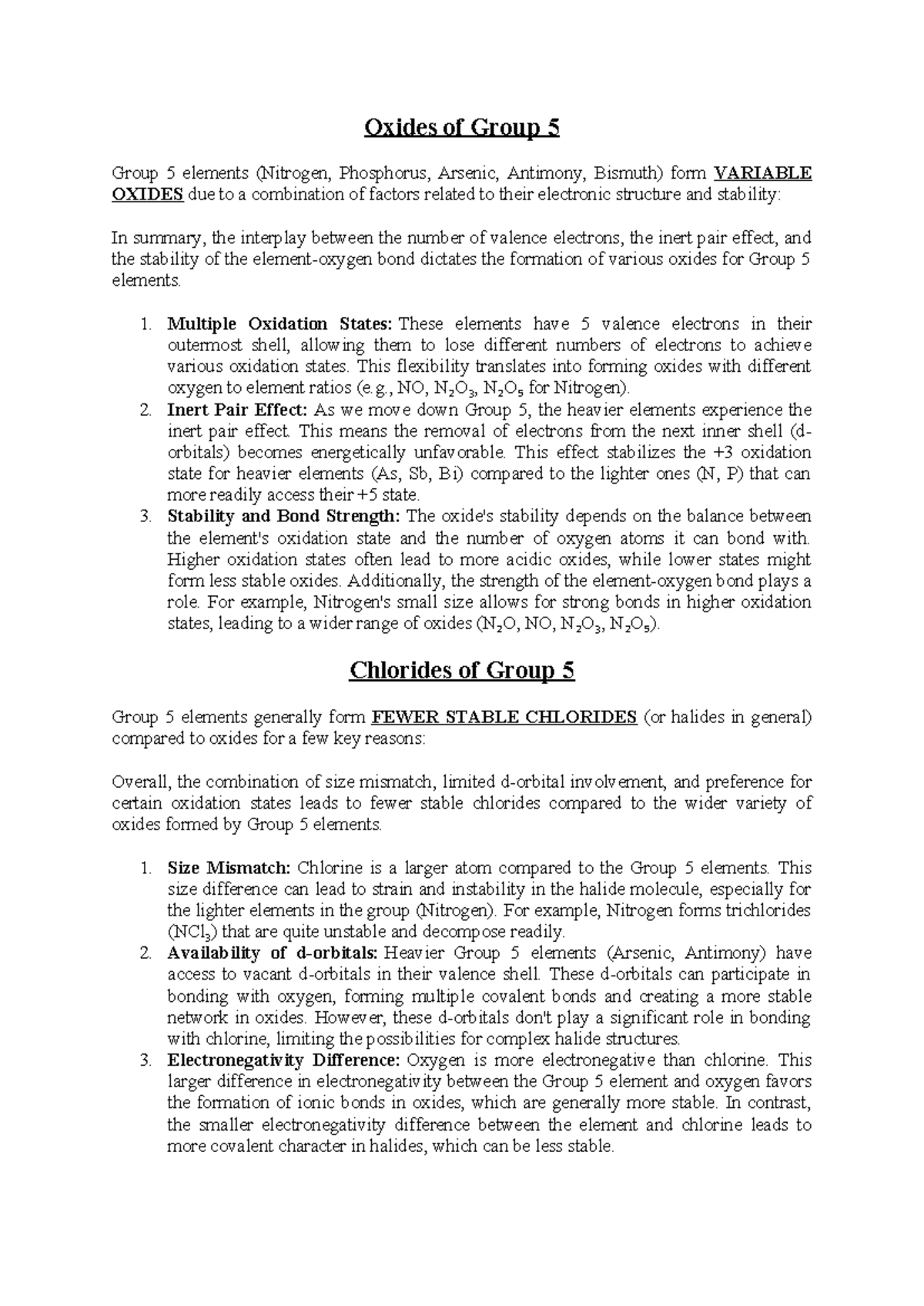 Group 5 Elements: Oxides and Chlorides Overview and Reactions - Studocu