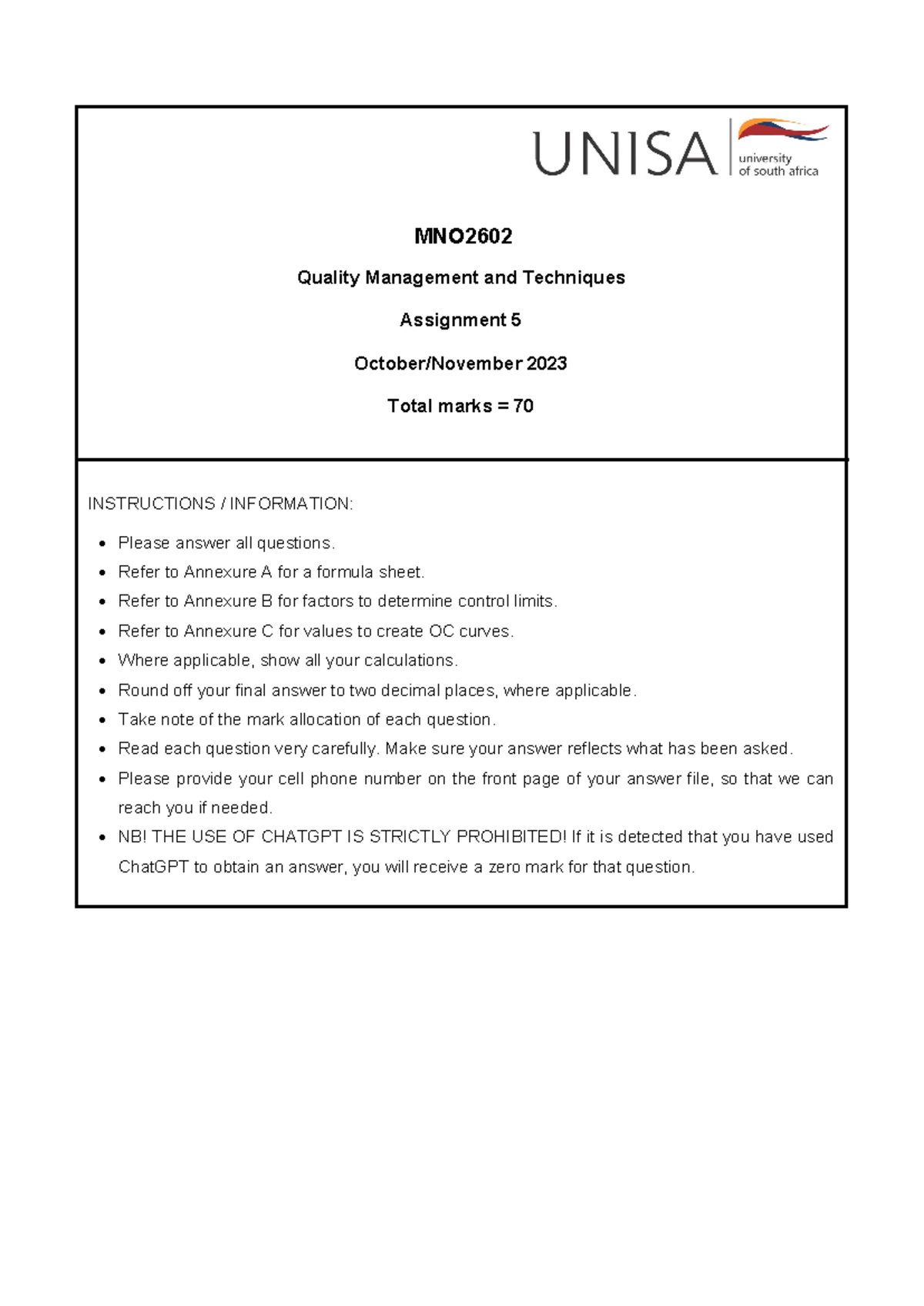MNO2602 Quality Management Assignment 5 - October/November 2023 Insights - Studocu