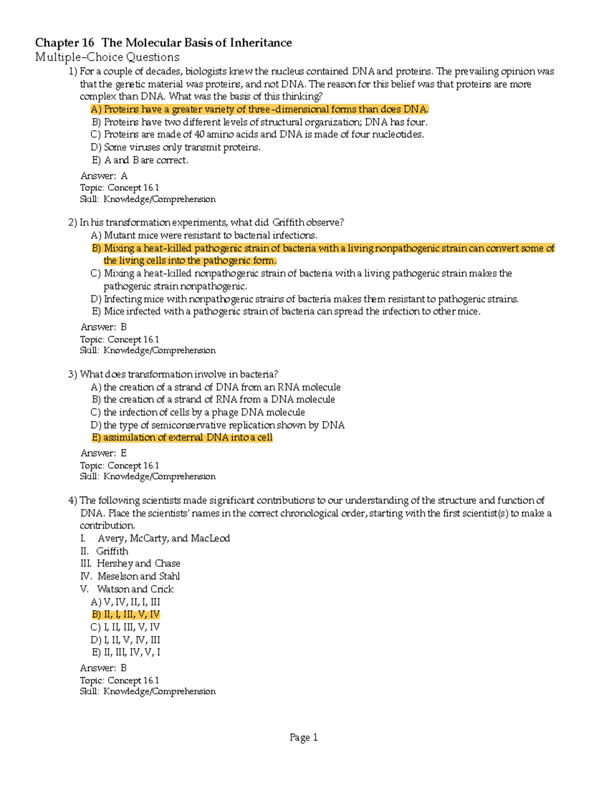 Ch16 Molecular Basis of Inheritance Test Bank - Multiple Choice ...
