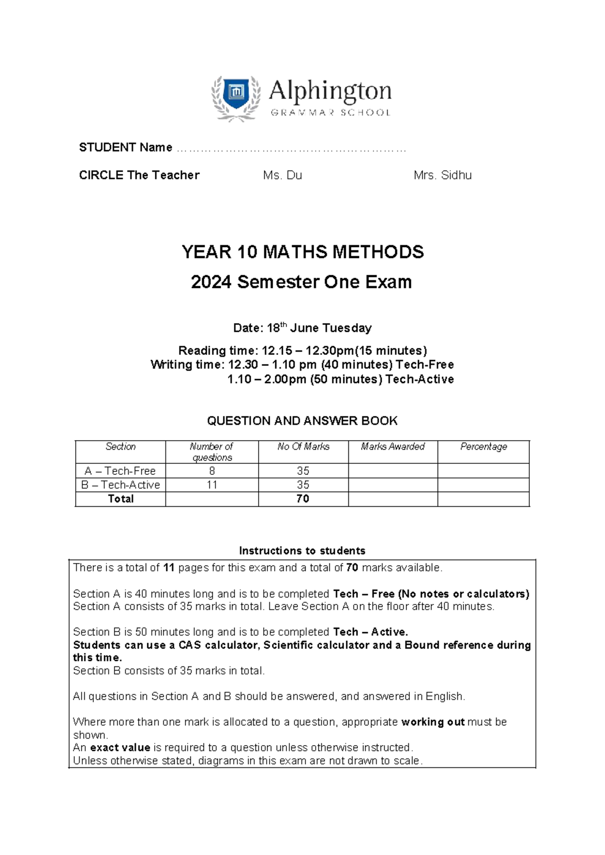 2024 Year 10 Maths Methods Semester 1 Exam Guide - Studocu