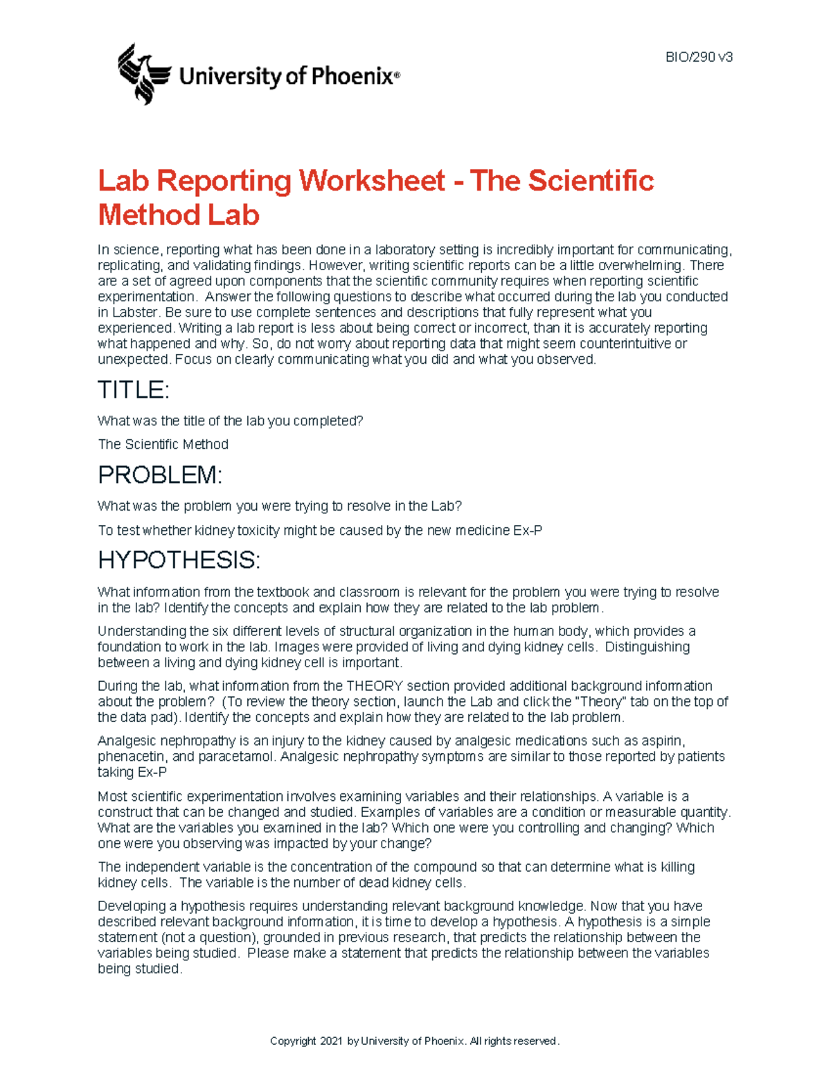 BIO/290 v - Lab Reporting Worksheet on the Scientific Method - Studocu