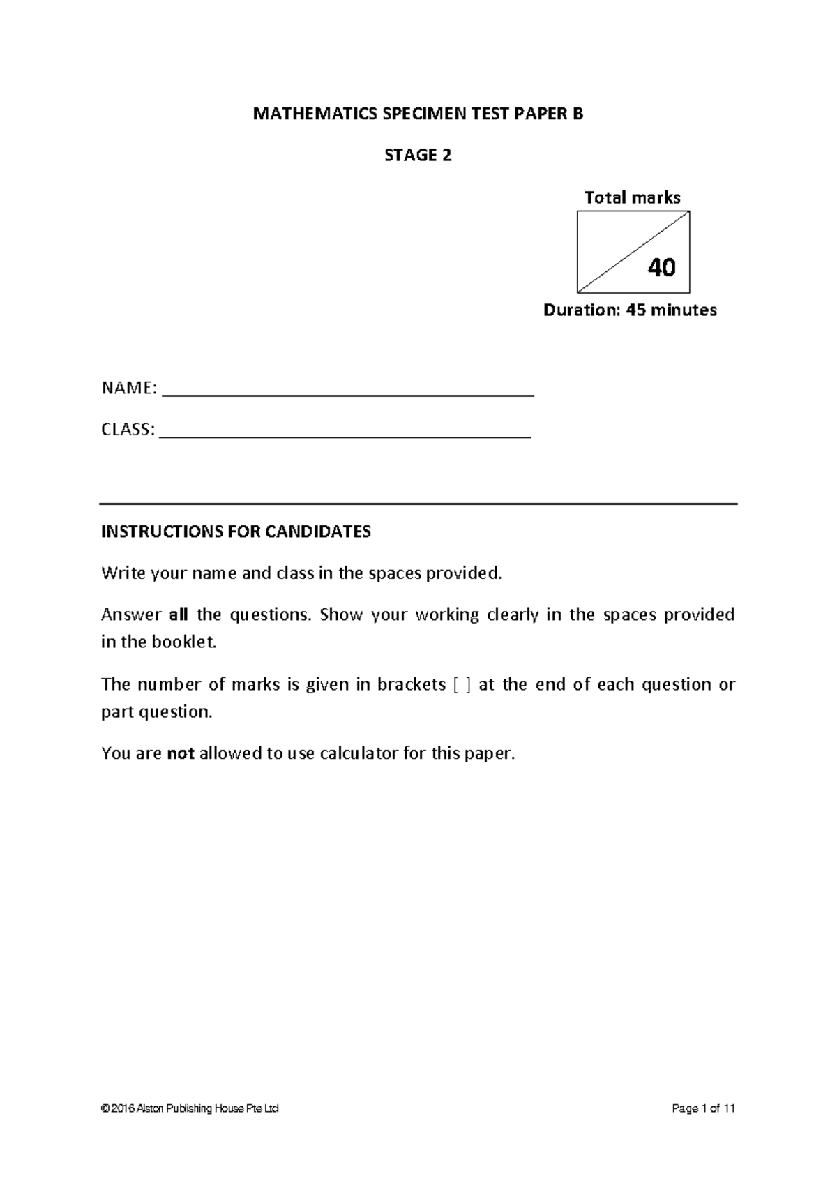 Stage 2A Mathematics Specimen Test Paper B - Grade 2 Workbook - Studocu