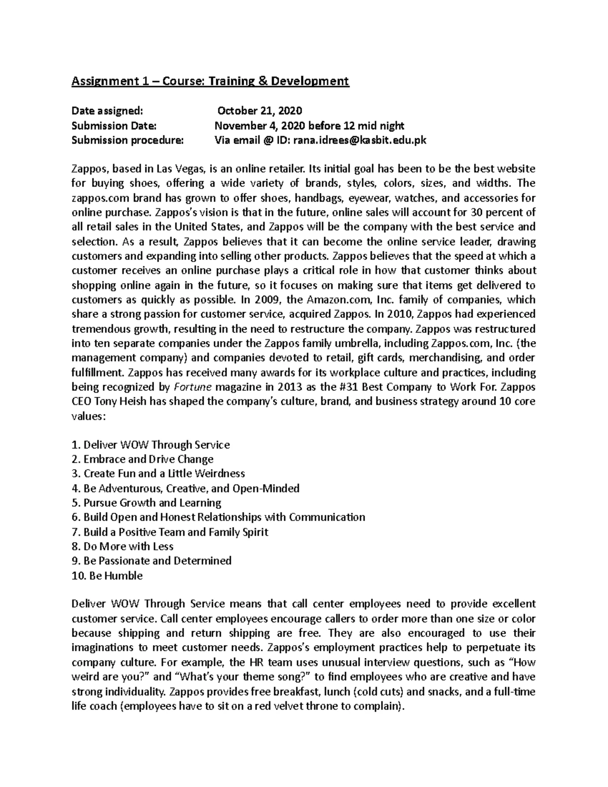 Assignment 1 - Case Study - Zappos - Assignment 1 – Course: Training ...