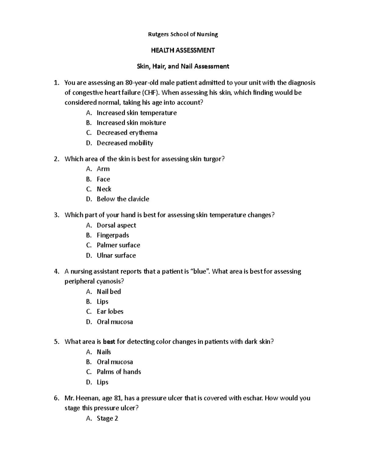 Skin Hair Nails Questions - HEALTH ASSESSMENT Skin, Hair, and Nail ...