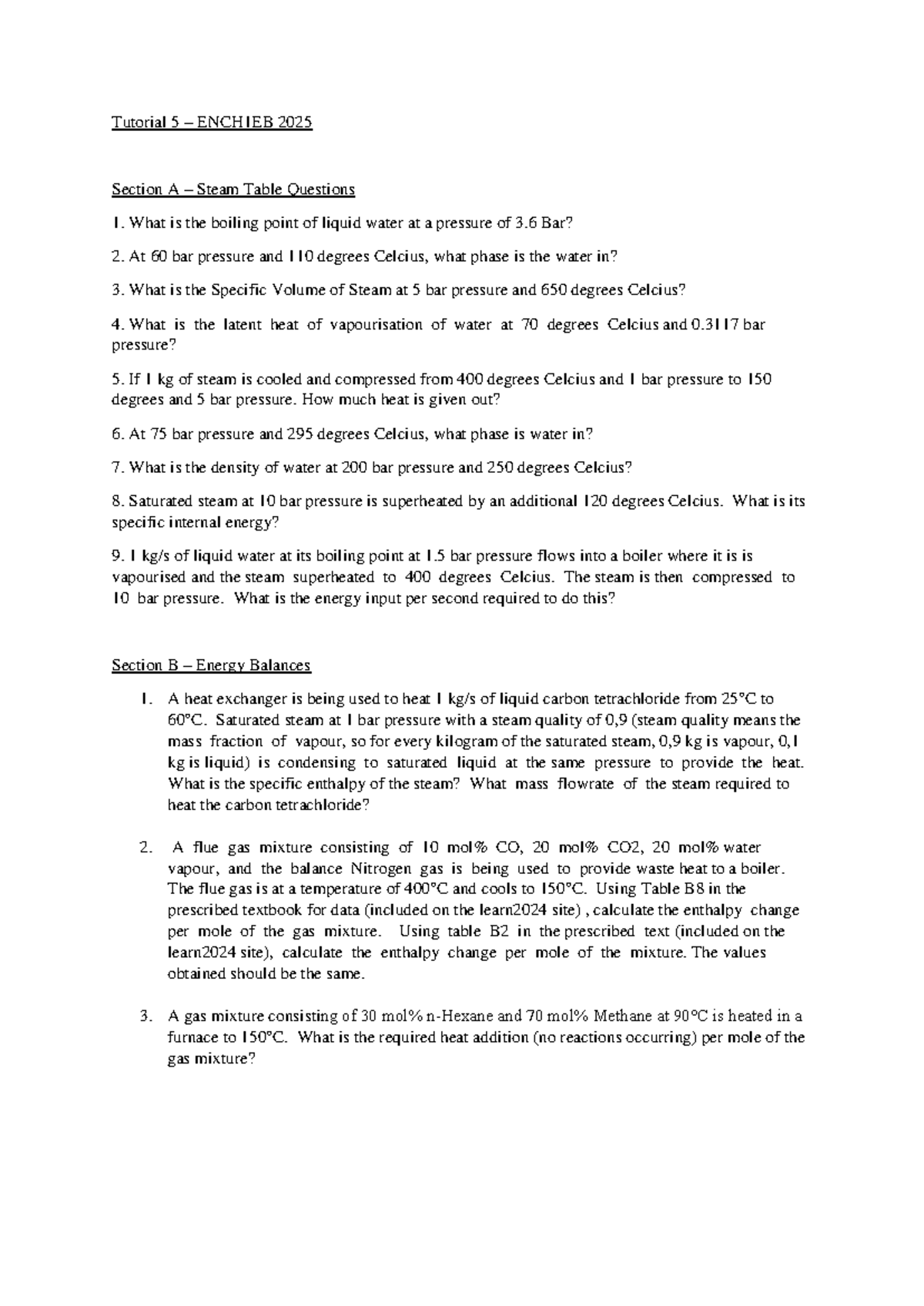 Tutorial 5 ENCH1EB 2025: Steam Table & Energy Balance Questions - Studocu