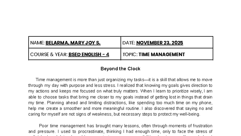 BSED ENGLISH 4: Reflection on Time Management Skills - Studocu