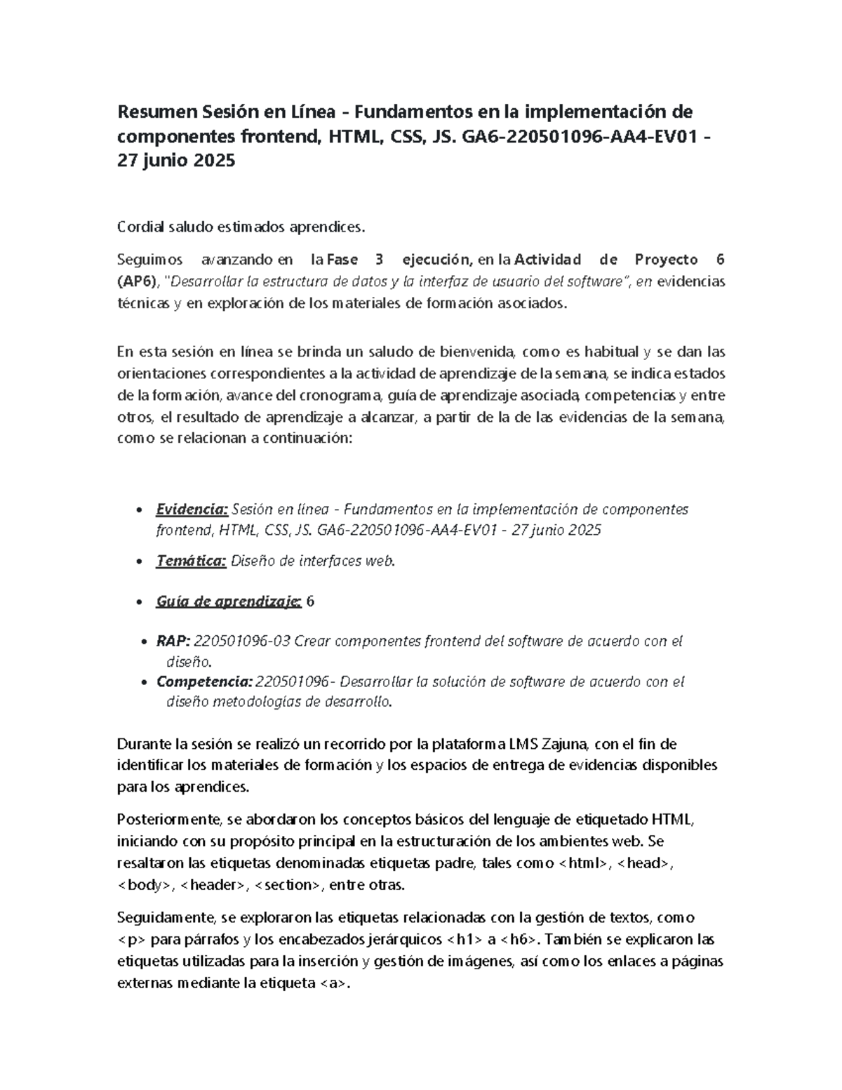 Resumen Sesión en Línea: Fundamentos Frontend, HTML, CSS, JS - - Studocu