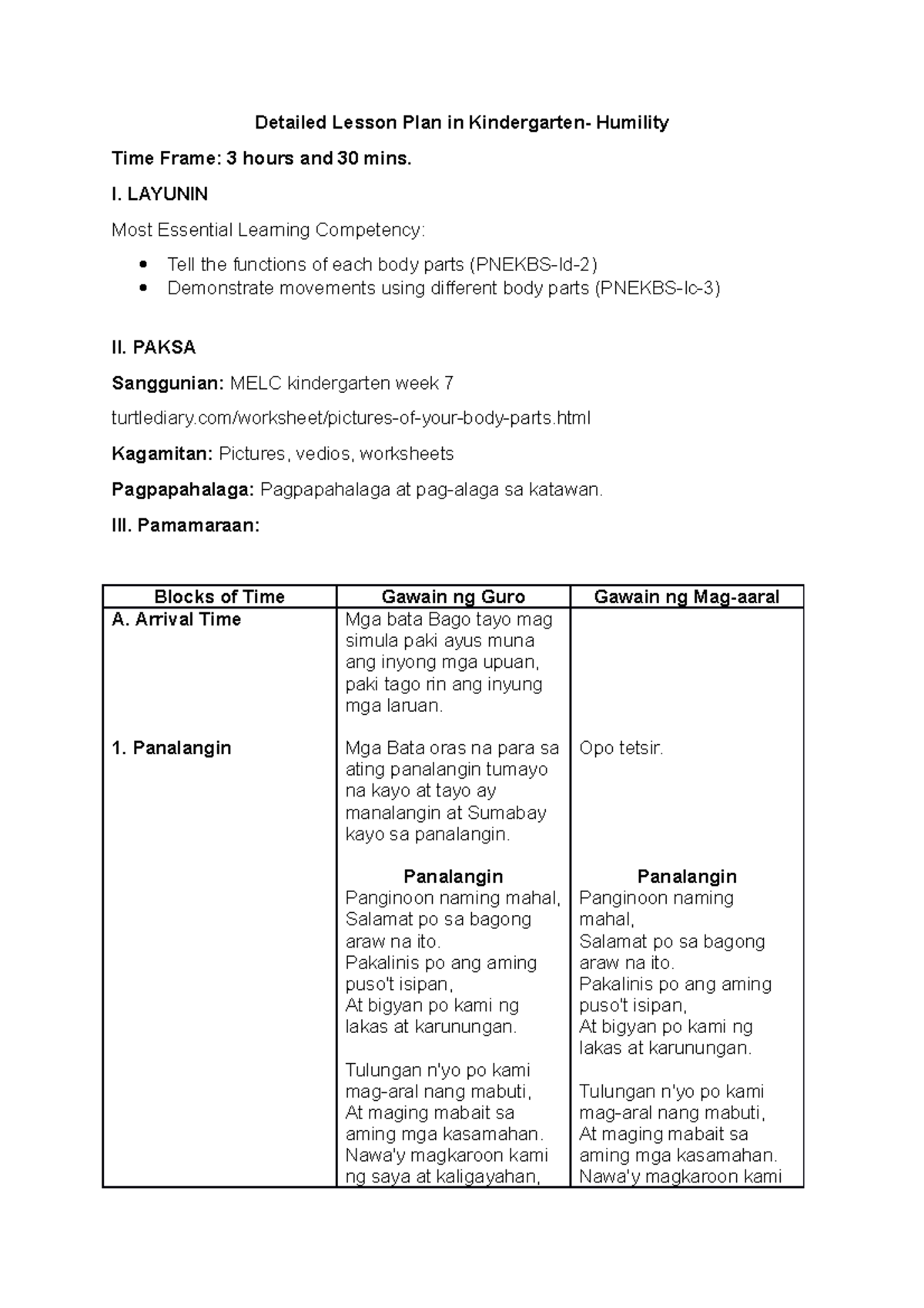 Detailed Kindergarten Lesson Plan on Humility (PNEKBS) - Studocu