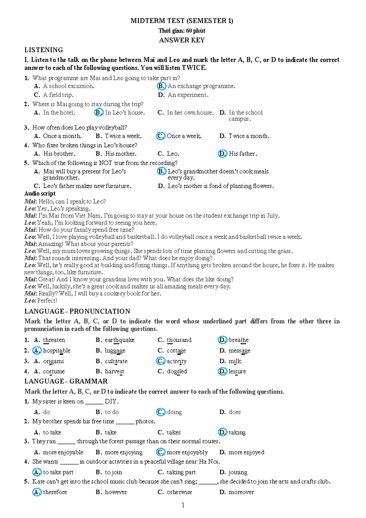MIDTERM TEST (SEMESTER 1) Listening Answer Key and Audio Script - Studocu