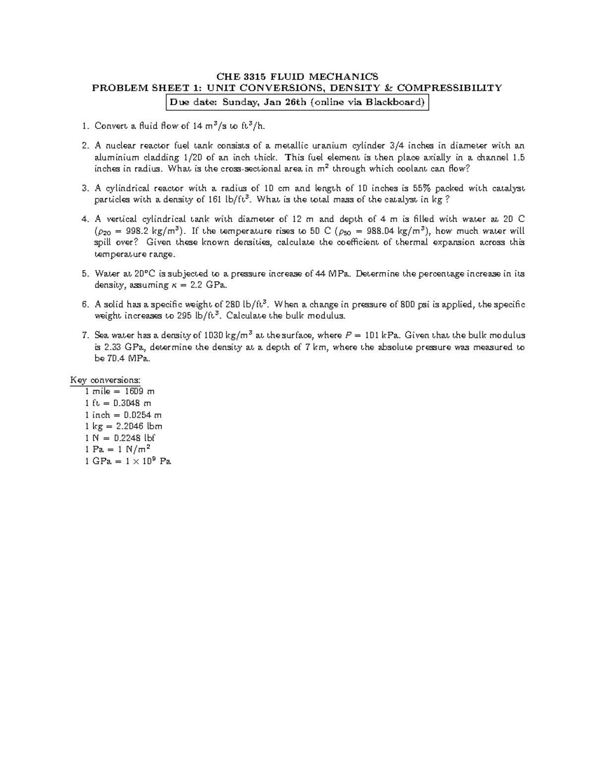 CHE 3315 FLUID MECHANICS PROBLEM SHEETS: CONVERSIONS, VISCOSITY ...
