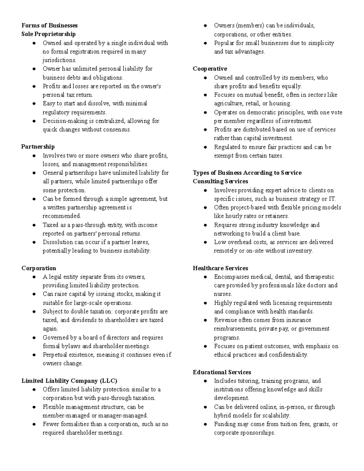 Forms of Businesses: Lecture Notes on Types and Structures - Studocu