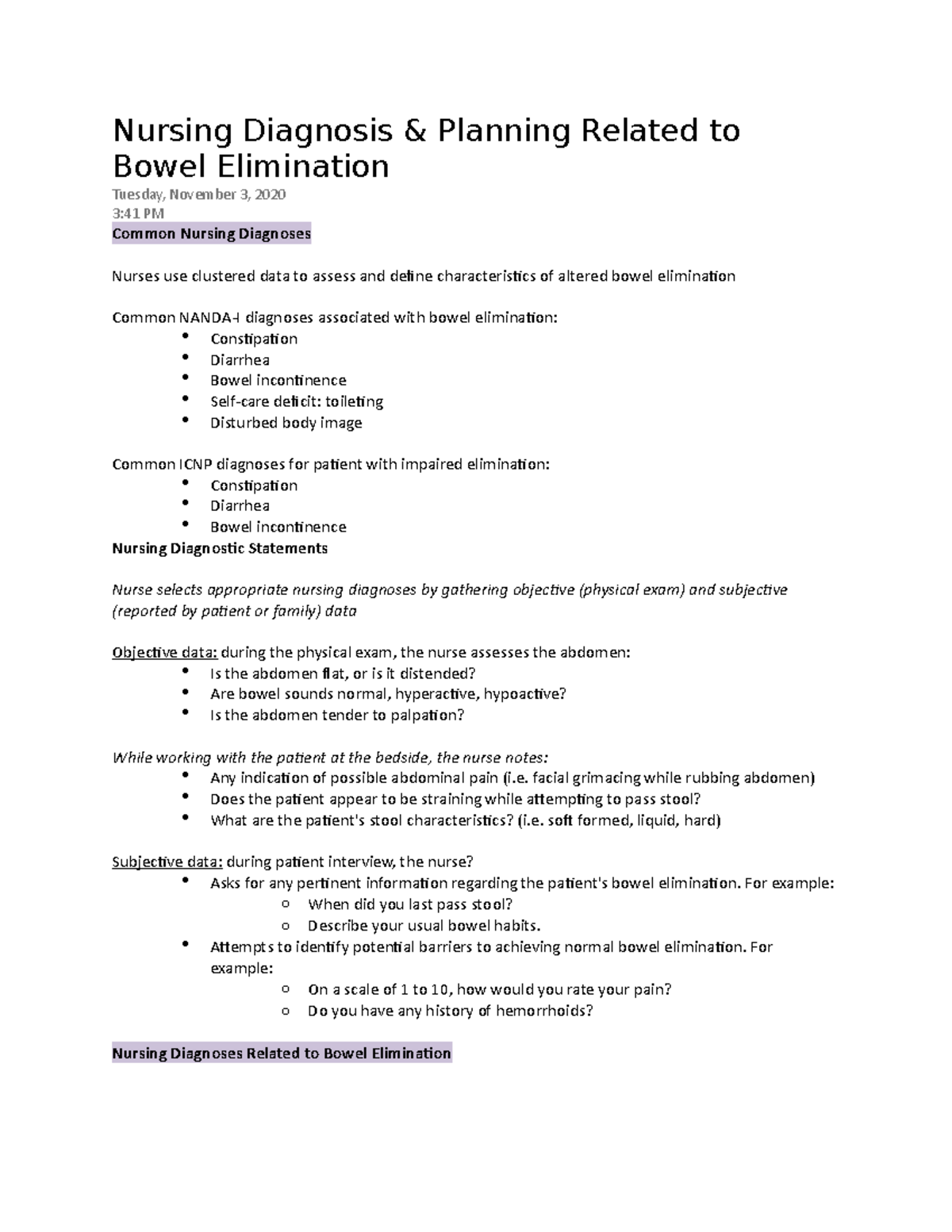 Nursing Diagnoses & Planning for Bowel Elimination: Key Insights - Studocu