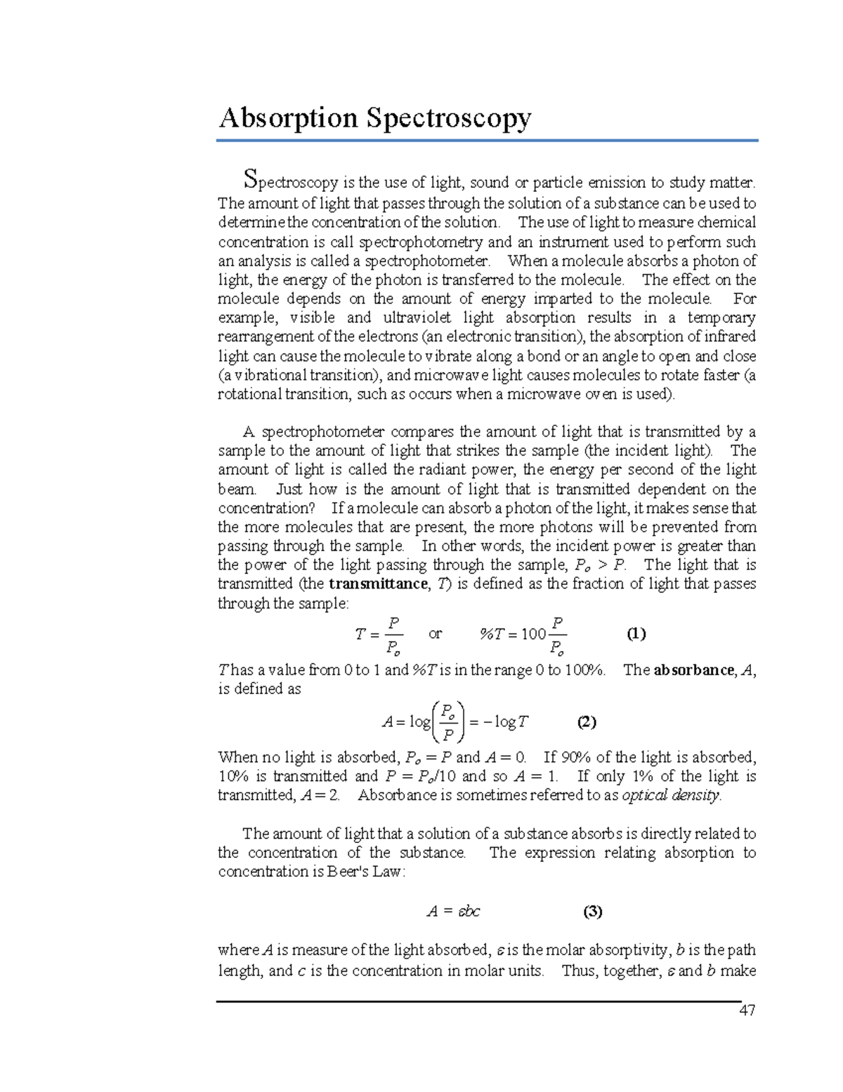 Absorption Spectroscopy: Beer's Law and Spectrophotometry - Studocu