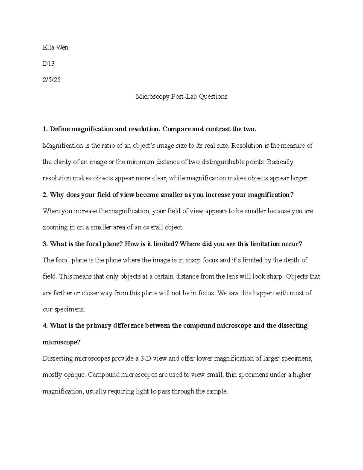 lab 2 hw assignment - Ella Wen D 2/5/ Microscopy Post-Lab Questions ...