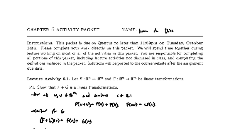 Chapter 6 Activity Packet: Linear Transformations and Matrices - Studocu