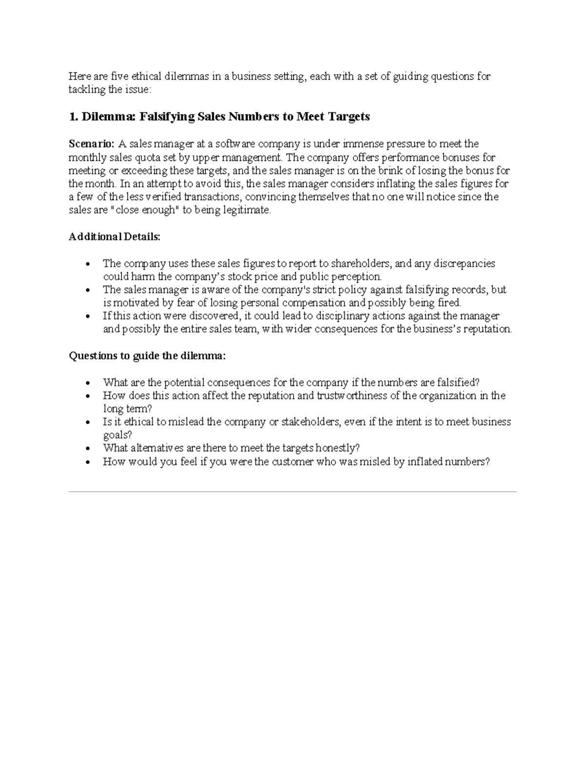 Ethical Dilemma Exercises: Analyzing Business Ethics Scenarios - Studocu