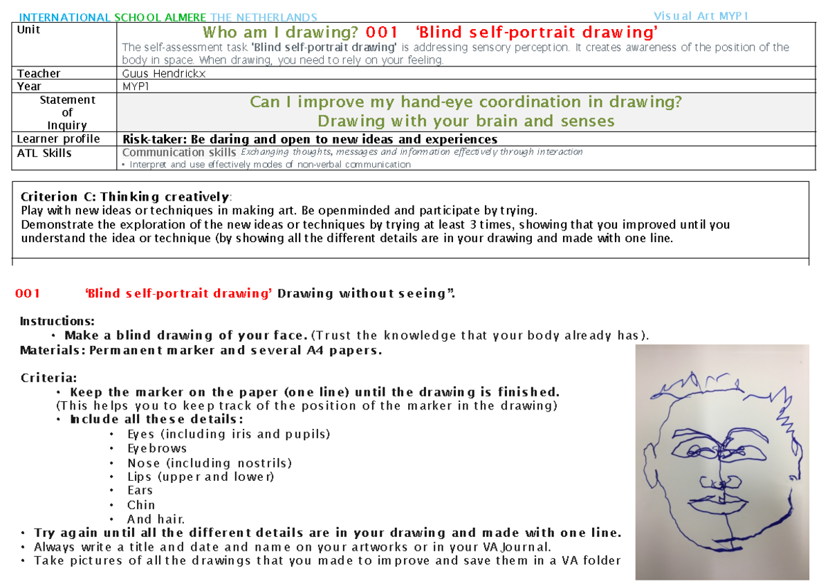 Blind Self-Portrait Drawing Assignment MYP 1 Visual Art 2020 - Studeersnel