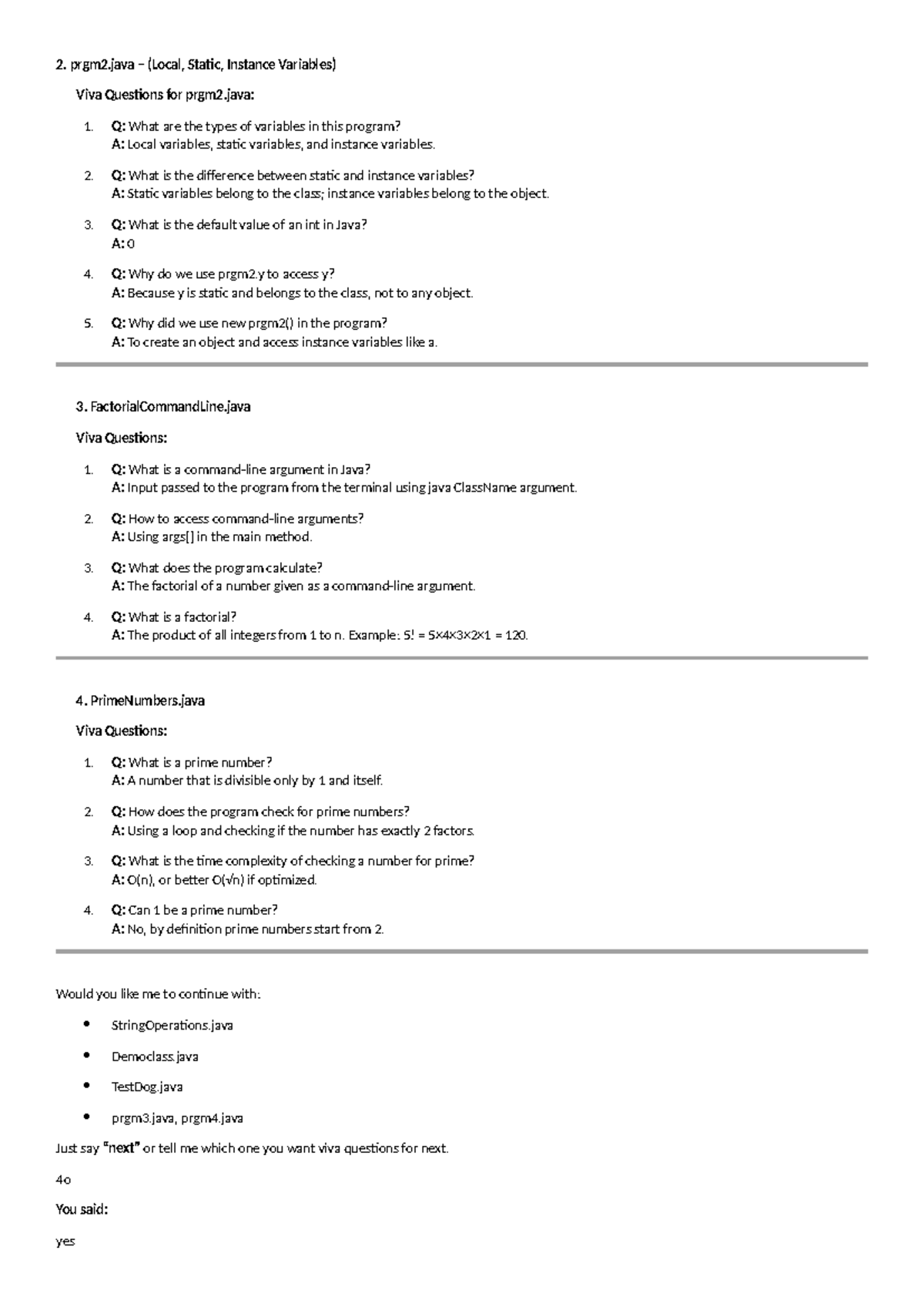 Java Viva Questions for prgm2.java, prgm3.java, prgm4.java - Studocu