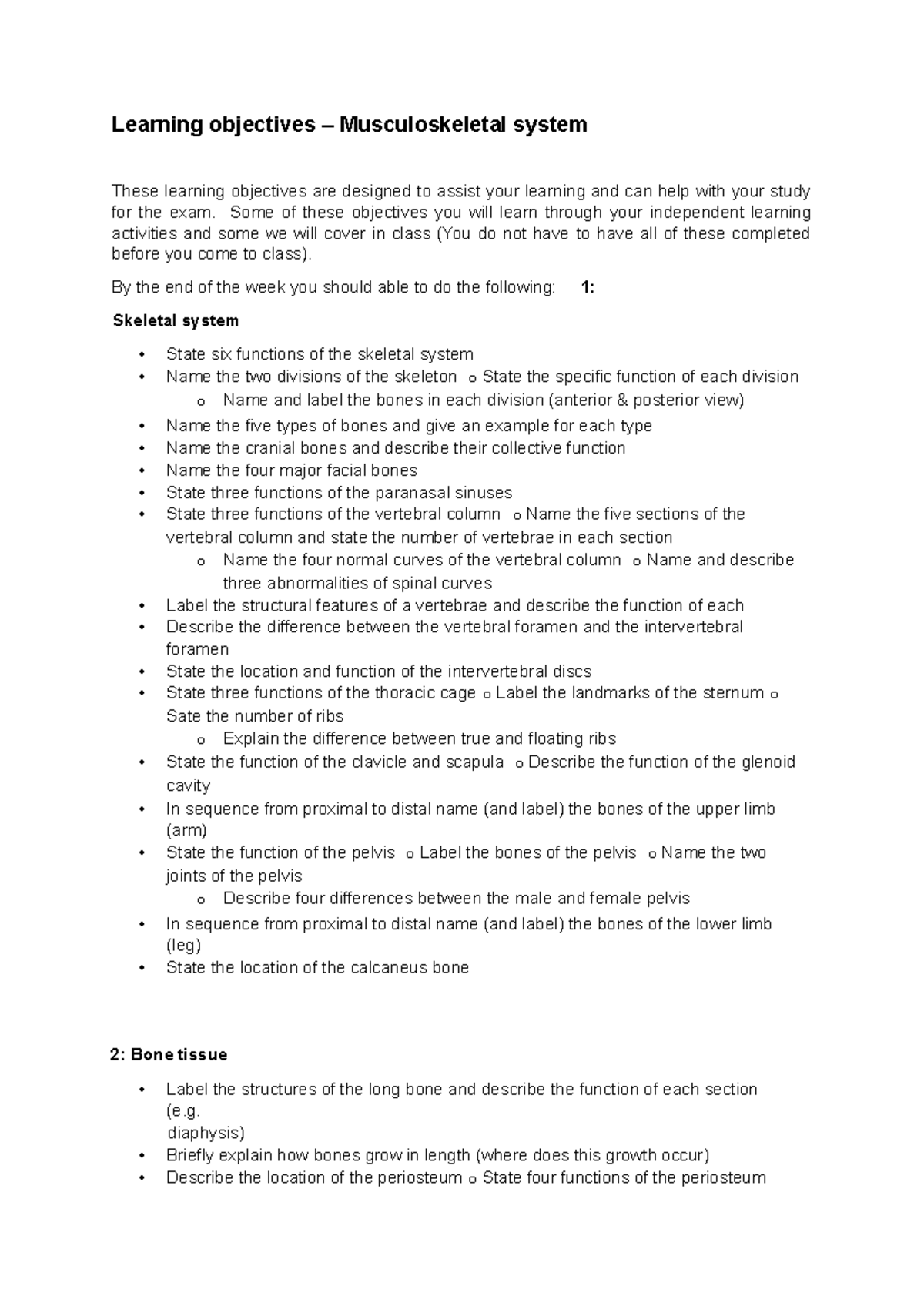 Learning Objectives for Musculoskeletal System (Course Code: MSK101 ...