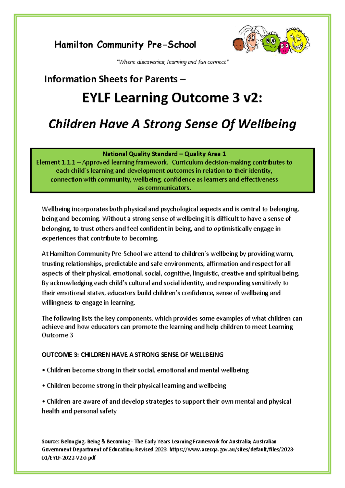 EYLF Learning Outcome 3: Promoting Children's Wellbeing and Development ...