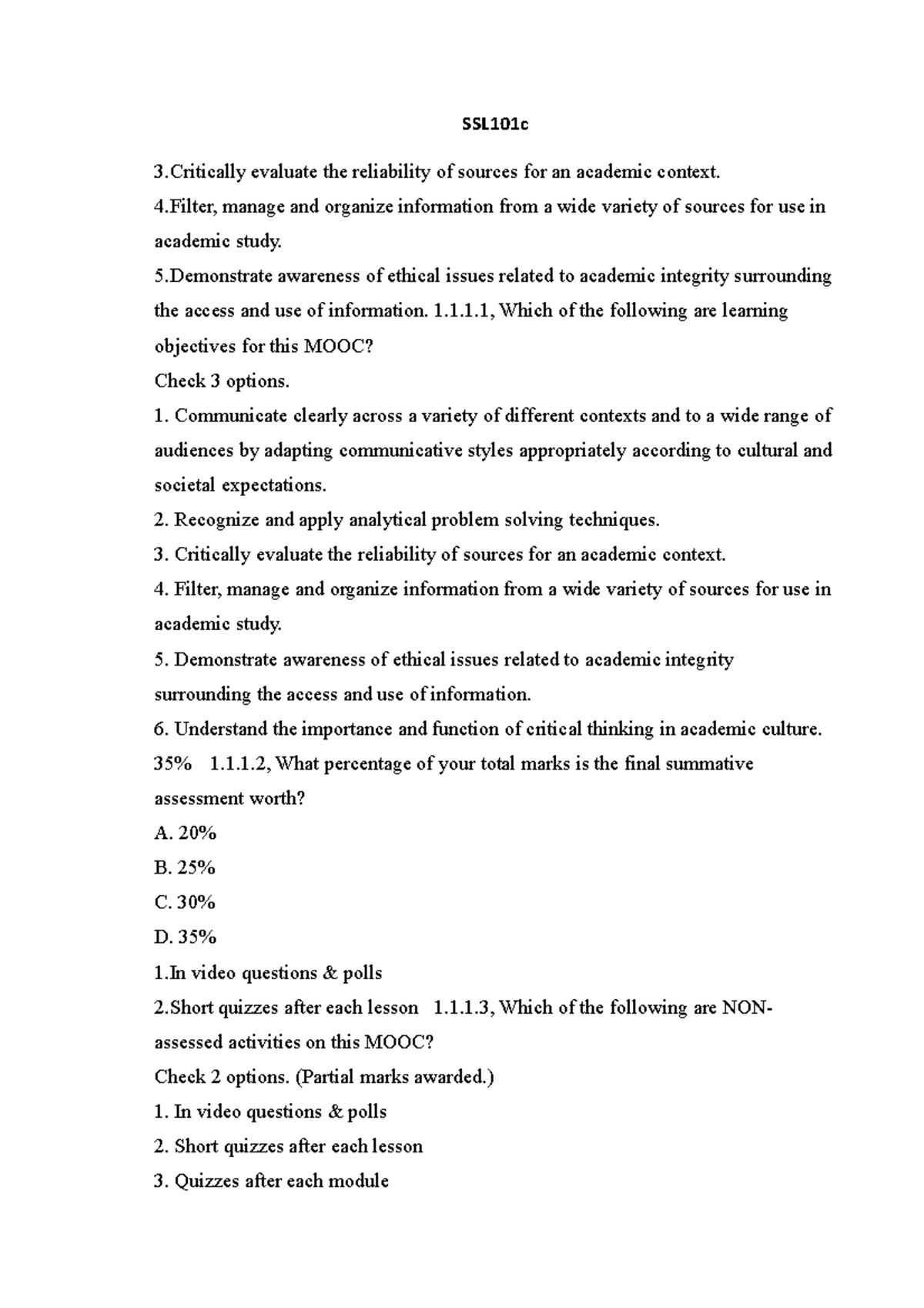 SSL101c Final Quiz: Evaluating Academic Information & Integrity - Studocu