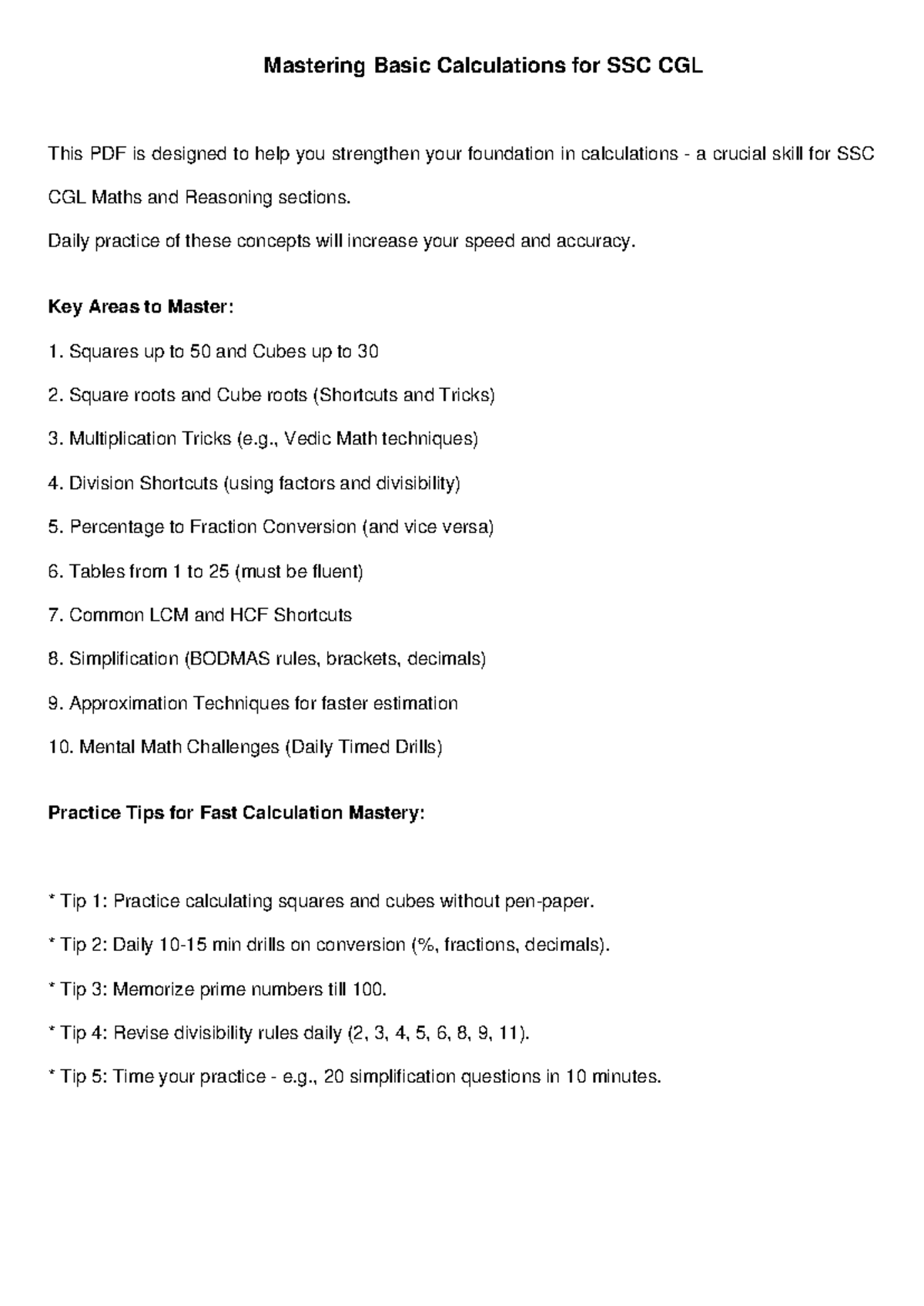 Mastering Basic Calculations for SSC CGL: Key Techniques and Tips - Studocu