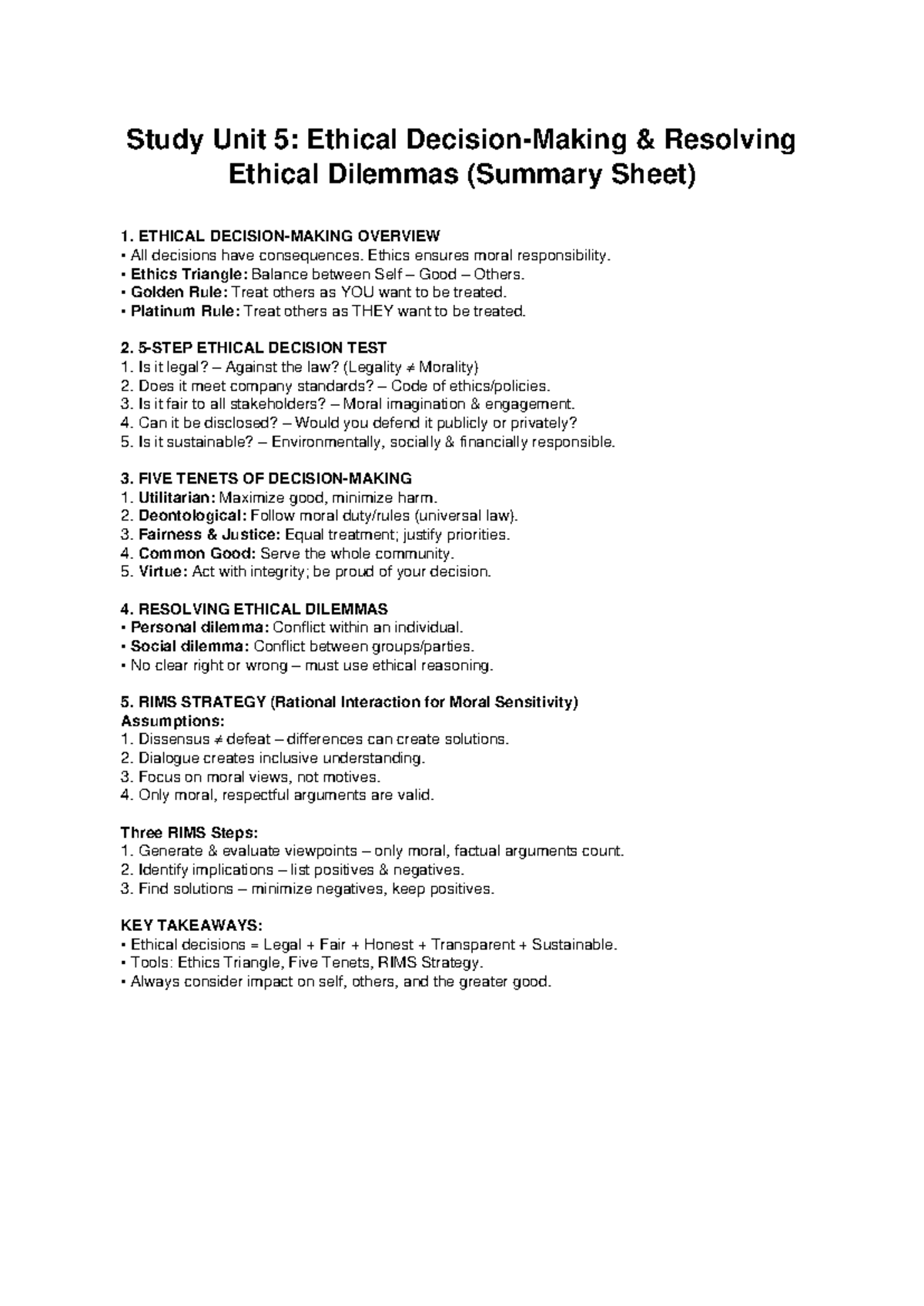 Ethical Decision Making: Unit 5 Summary Sheet - Studocu