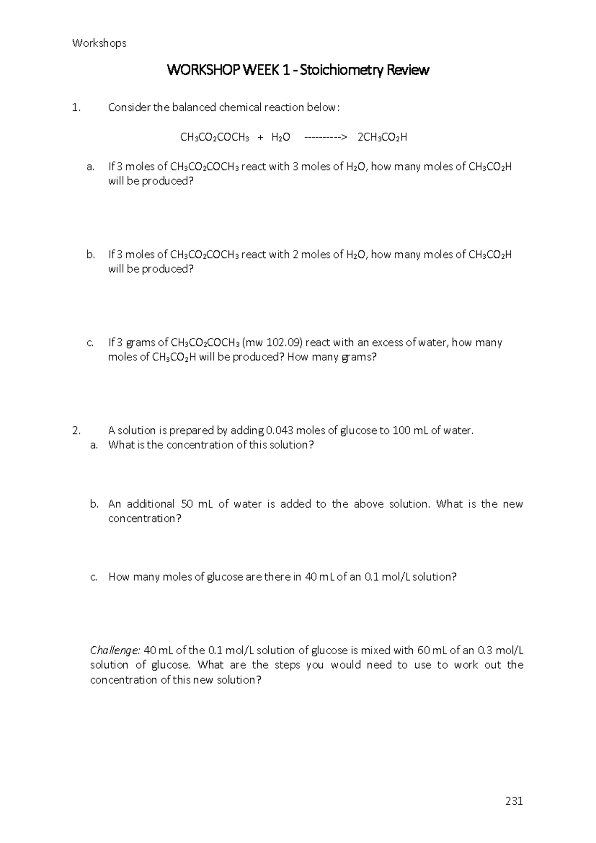 CHEM110 Workshop Week 1 - Stoichiometry & Solution Concentration - Studocu