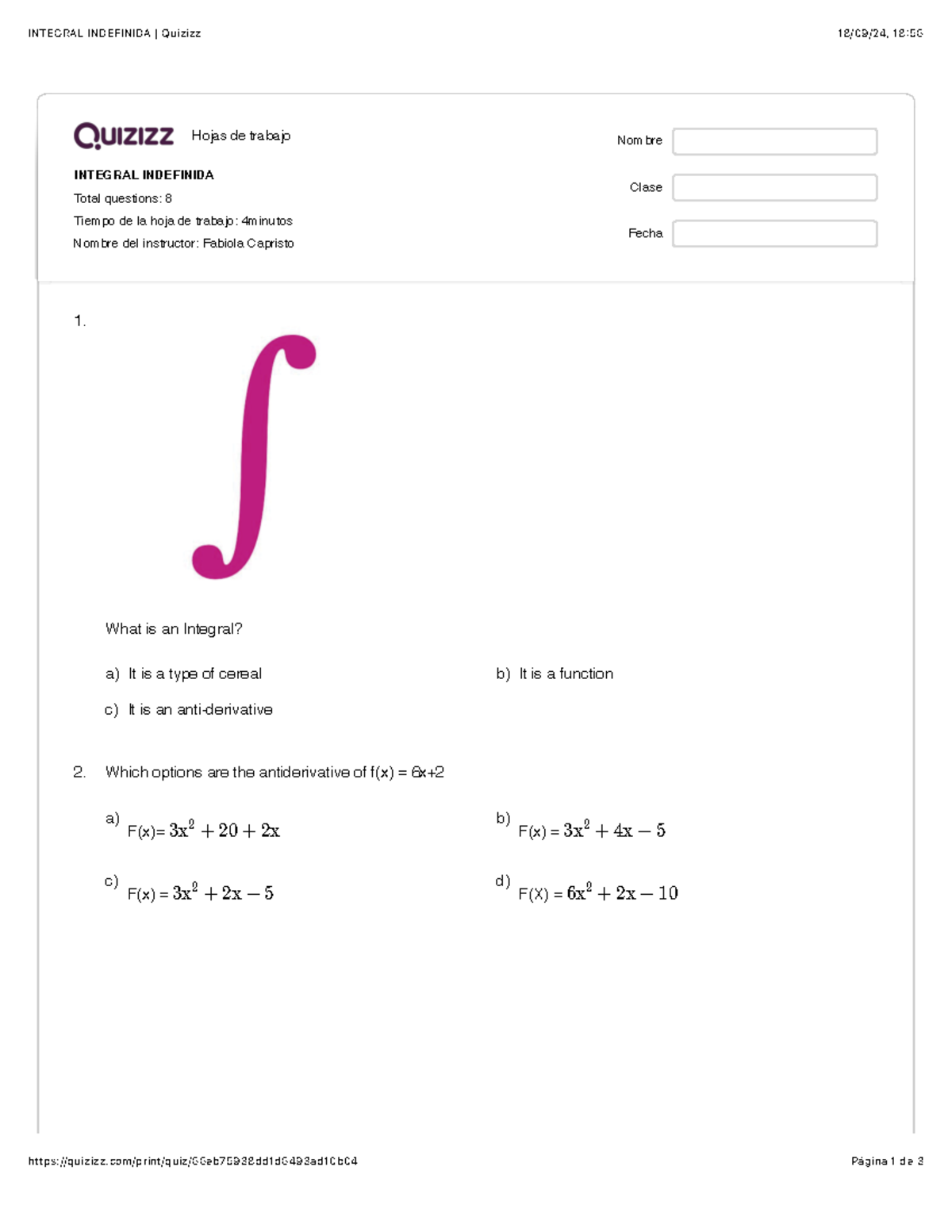 Integral Calculus - Quiz 66-2024: Indefinite Integrals Concepts - Studocu