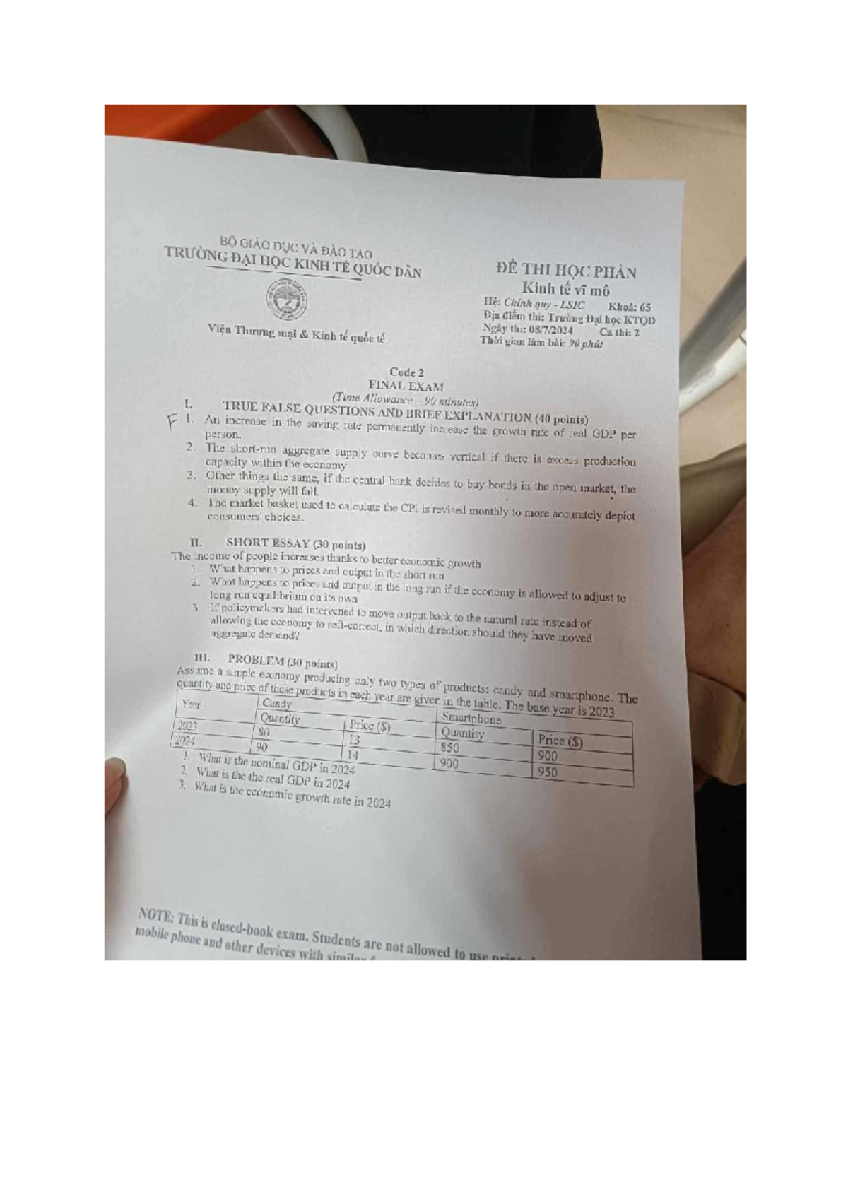 BO GIÁO DUC VÀ ĐÀO TAO DAI HOC KINH TÉ QUÓC DÂN FINAL EXAM KINH TẾ VI ...