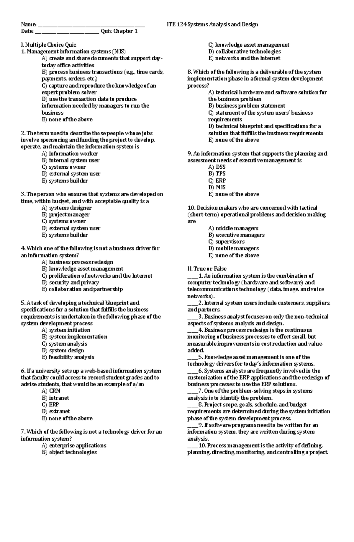 System analysis and design test bank - Name