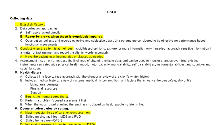 Exam 2 Geriatrics - Notes. - Unit 3 Collecting data Establish Rapport ...