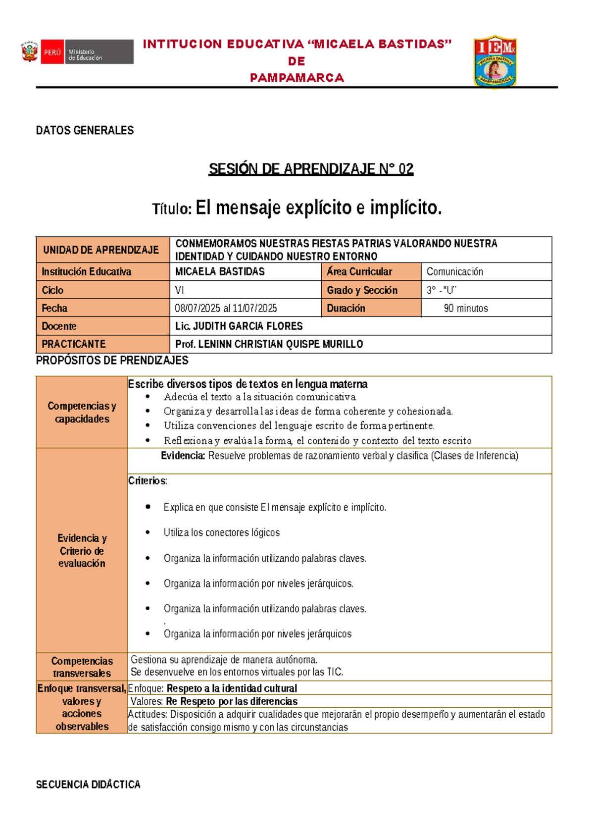 SESION DE APRENDIZAJE 02: El Mensaje Explícito e Implícito - UNI 4 LEE ...